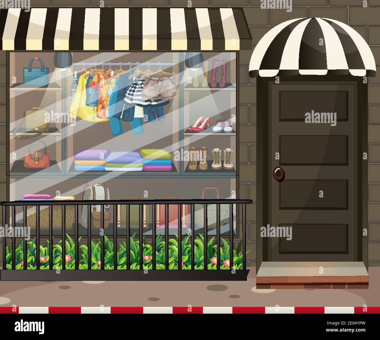 Front of clothing store showcase with clothes and accessories ...