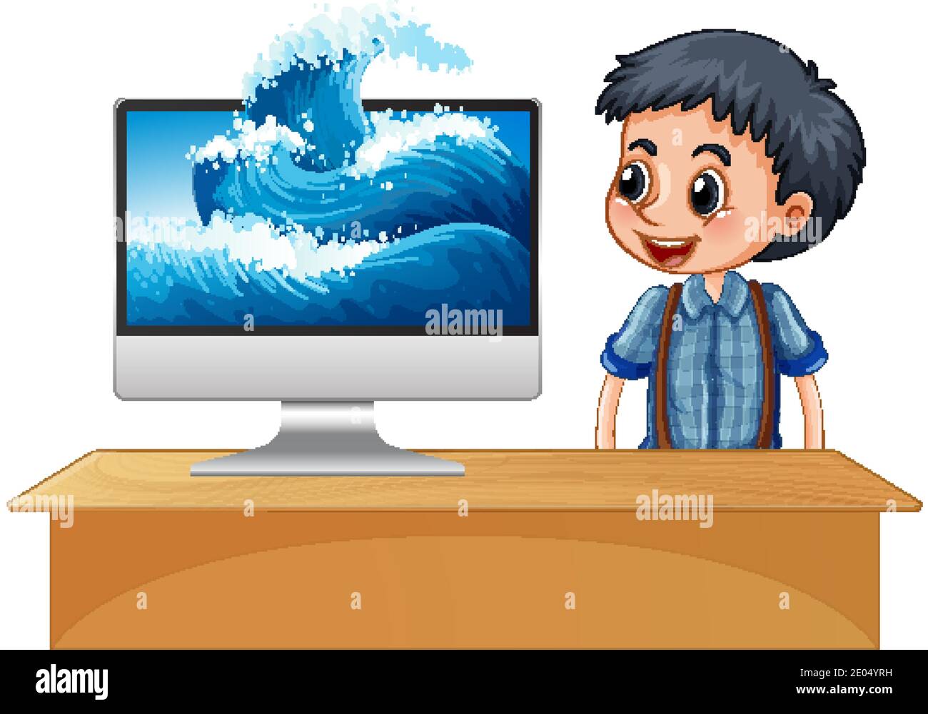 Happy boy next to computer with waves on screen illustration Stock ...
