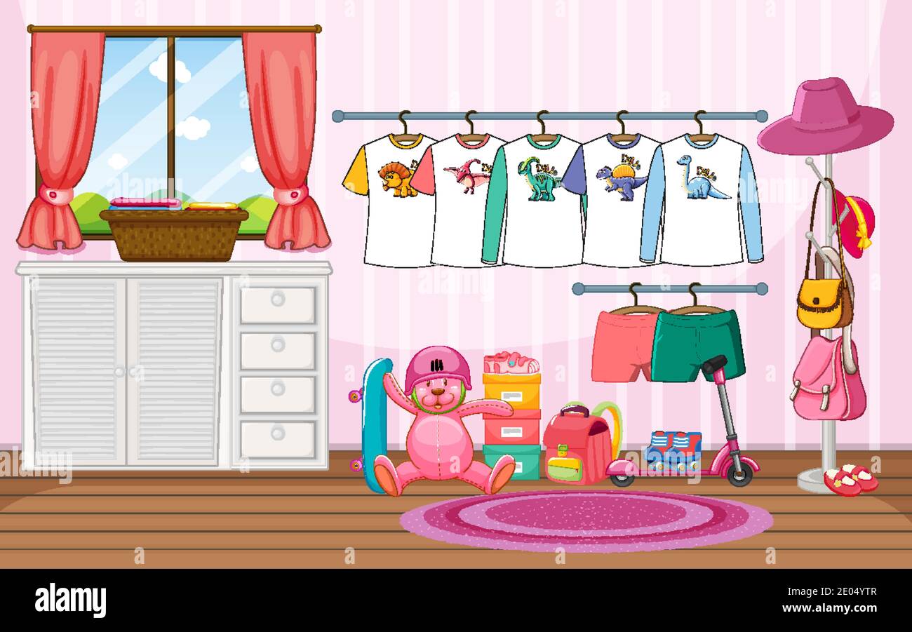 Children clothes on a clothesline with many toys in the room scene ...