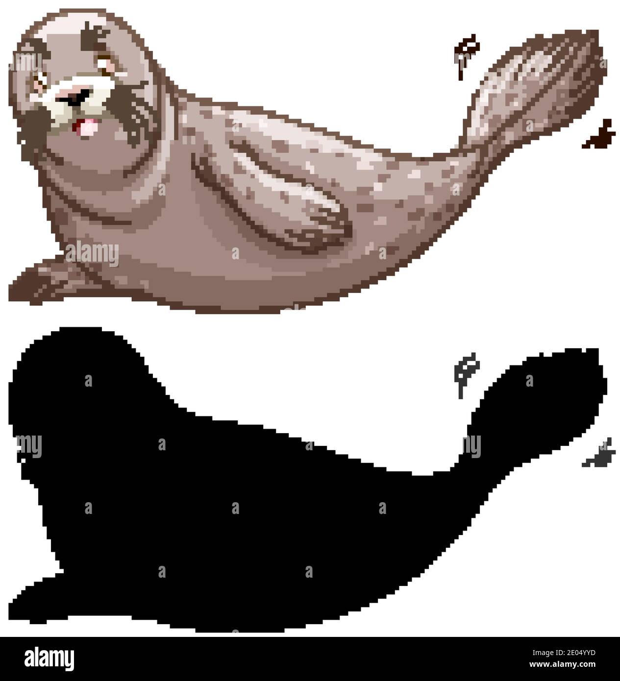 Set of seal characters and its silhouette on white background ...