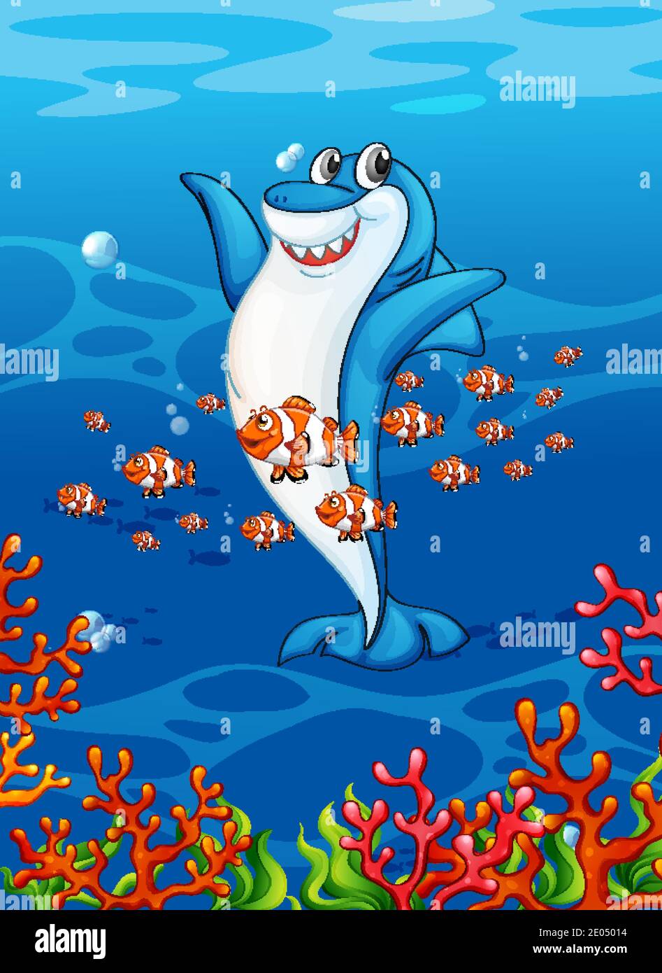 Happy shark cartoon character in the underwater scene with many exotic ...
