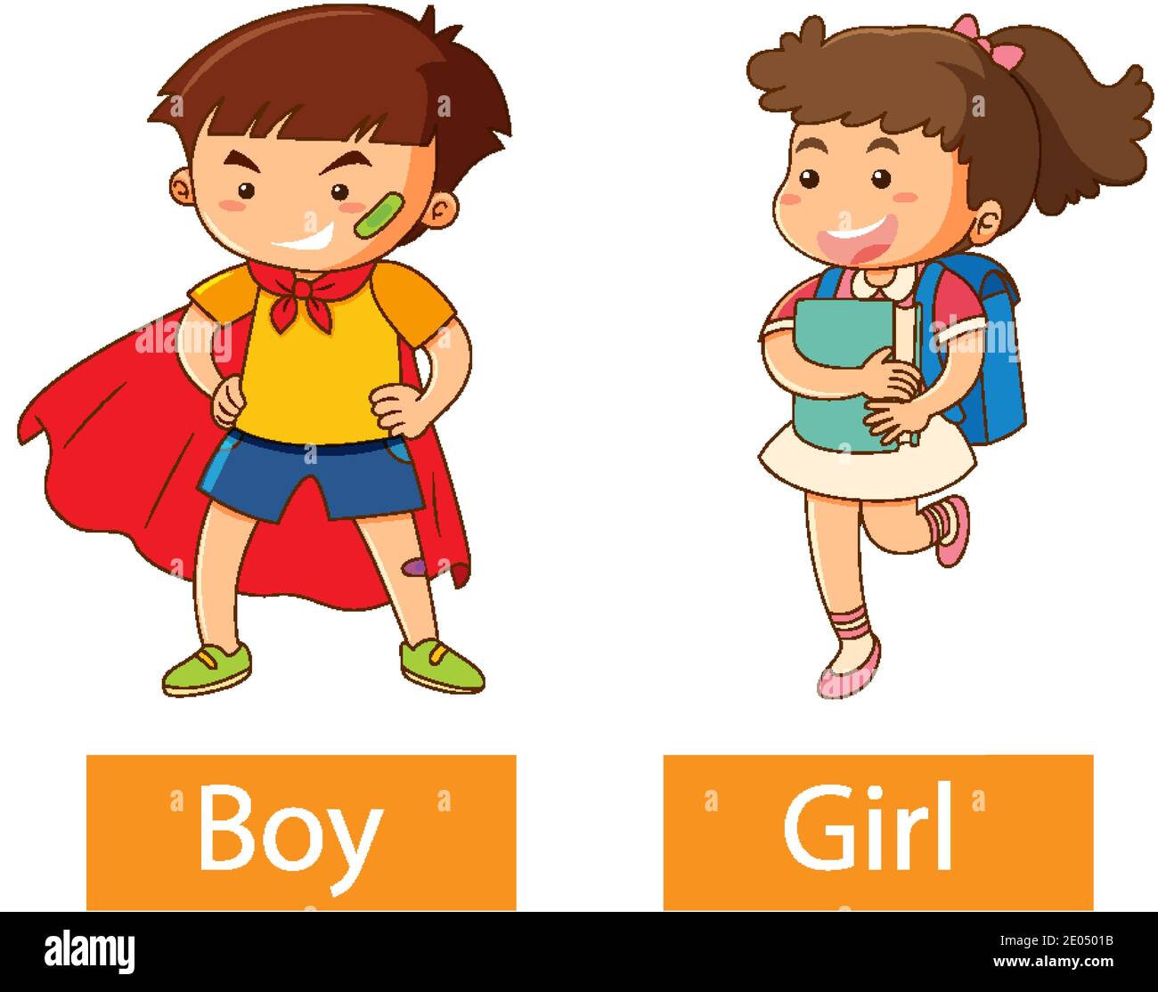 Opposite adjective words with boy and girl on white background ...