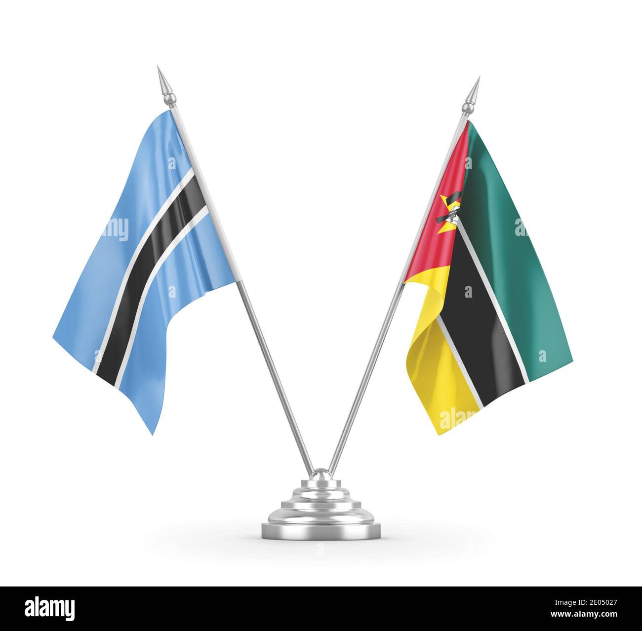 Mozambique and Botswana table flags isolated on white 3D rendering ...