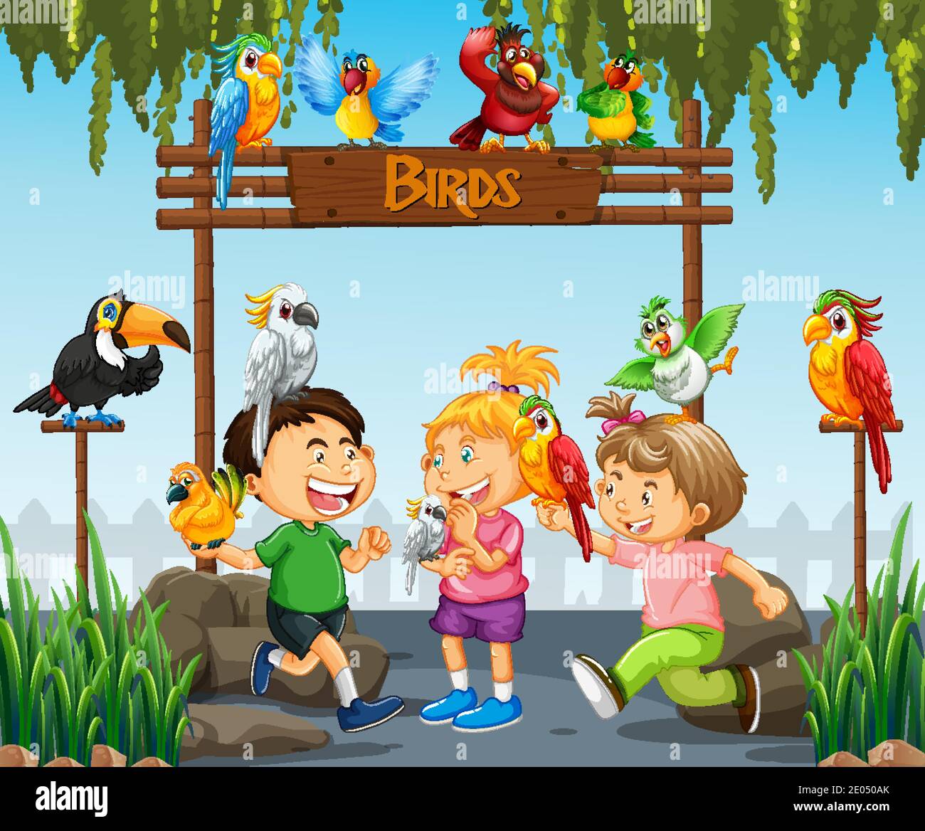 Children playing with parrot birds in the zoo scene illustration Stock ...