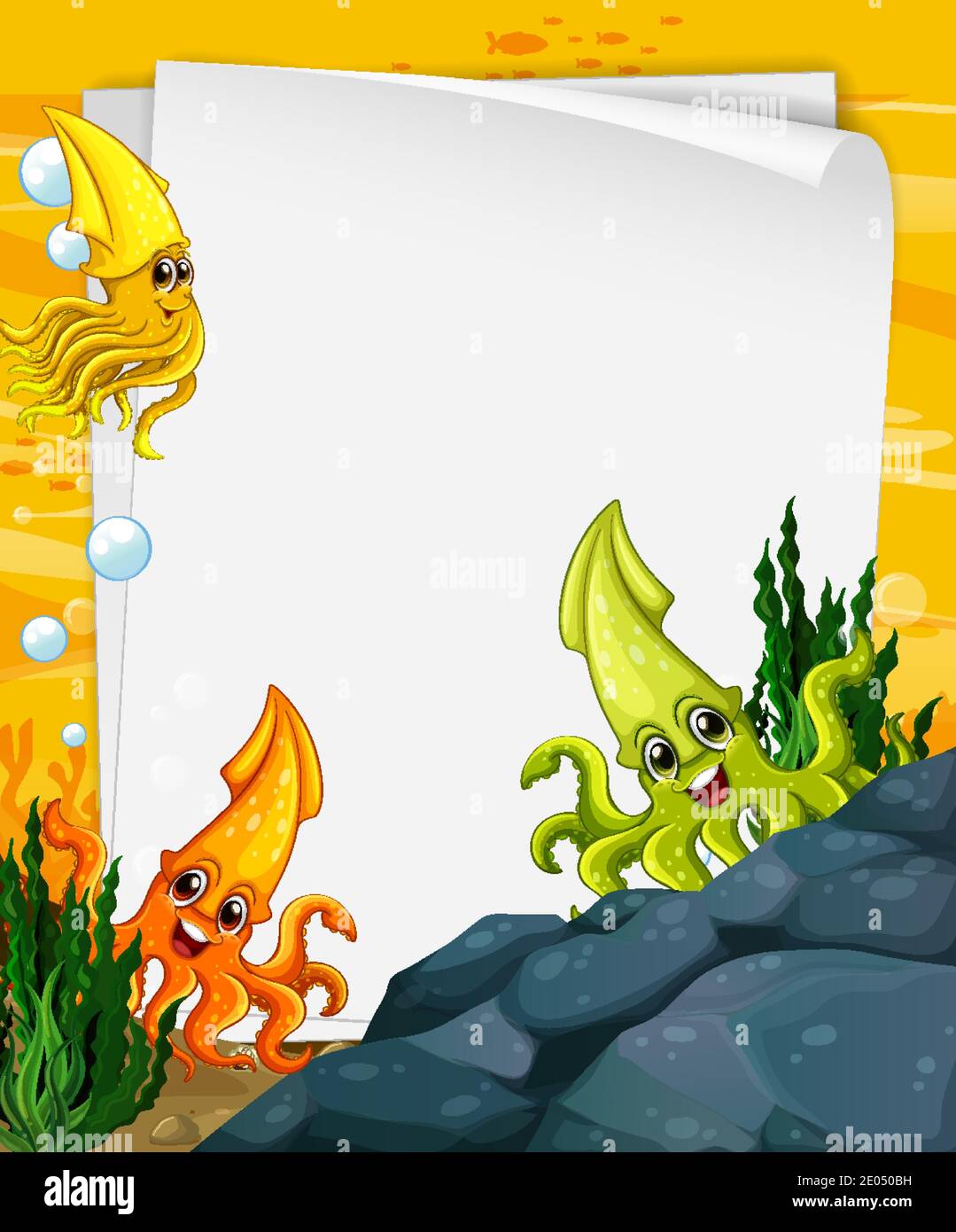 Blank paper template with many squids cartoon character in the ...