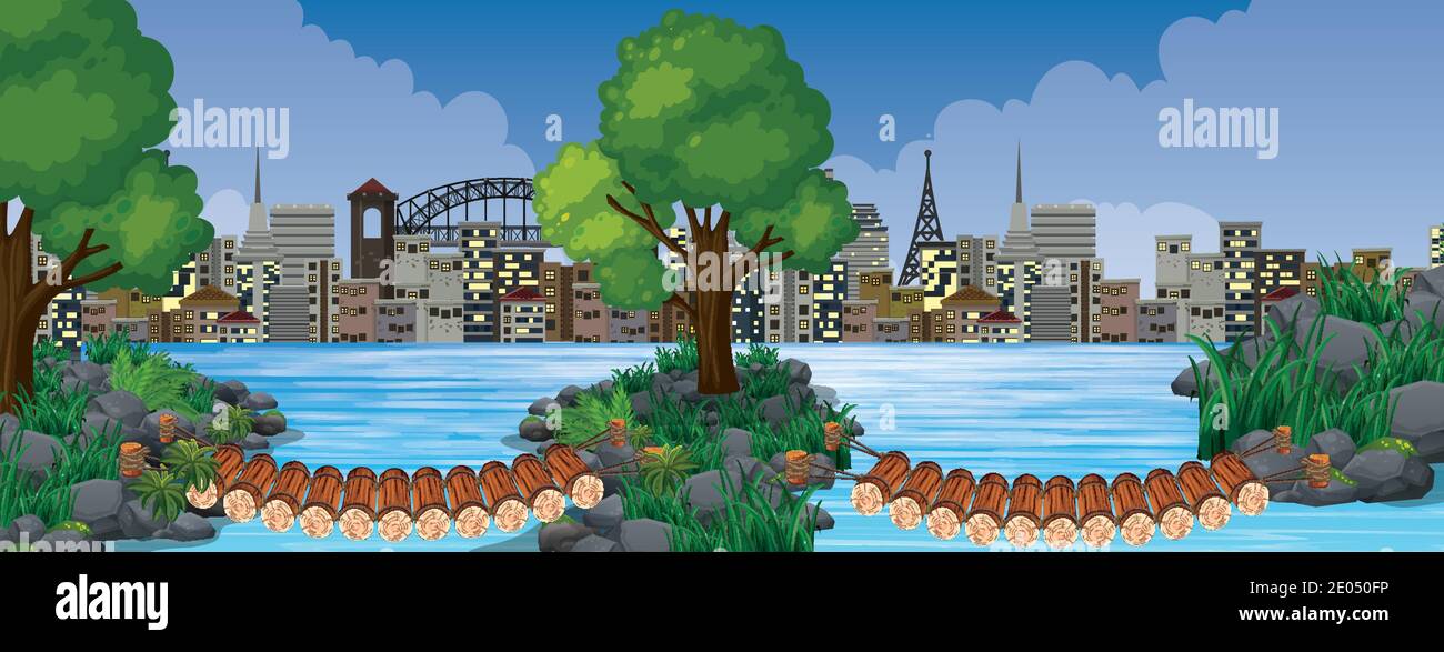 Wooden bridge crossing river with city background illustration Stock ...