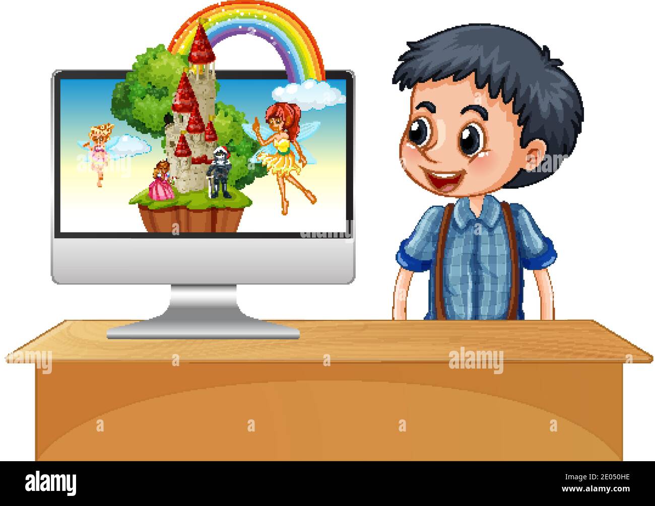 Happy boy next to computer with fairy in desktop screen illustration ...