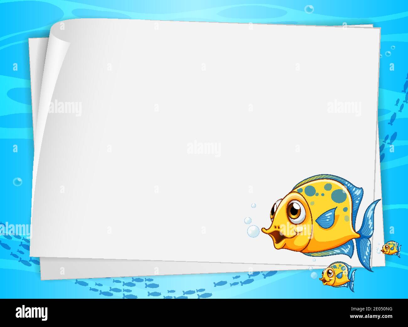 Blank paper banner with cute fish and on the underwater background ...