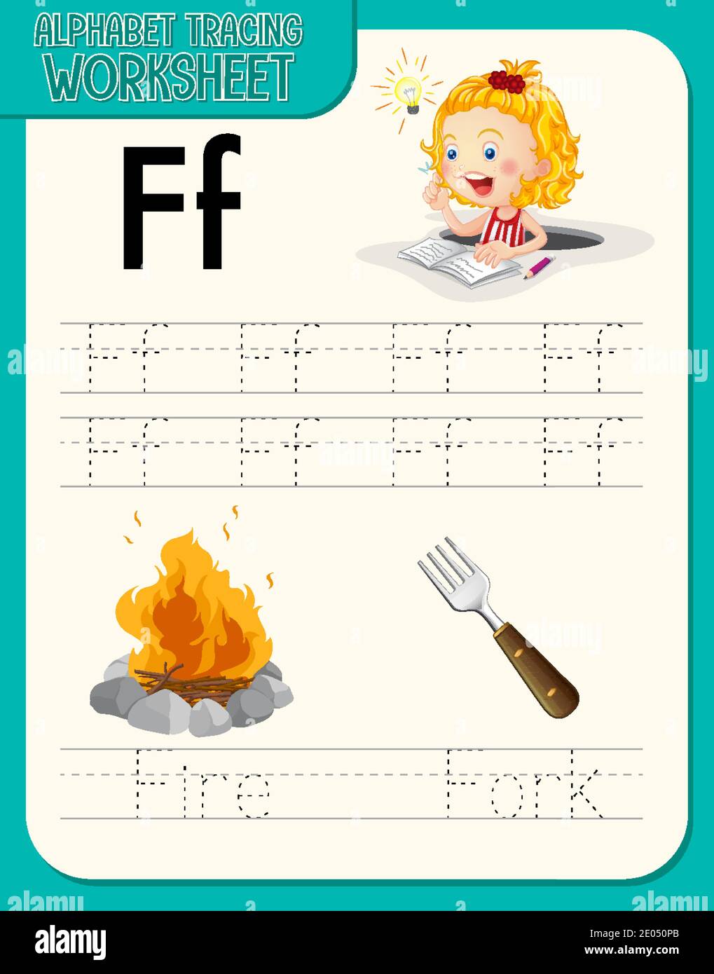 Alphabet tracing worksheet with letter and vocabulary illustration ...