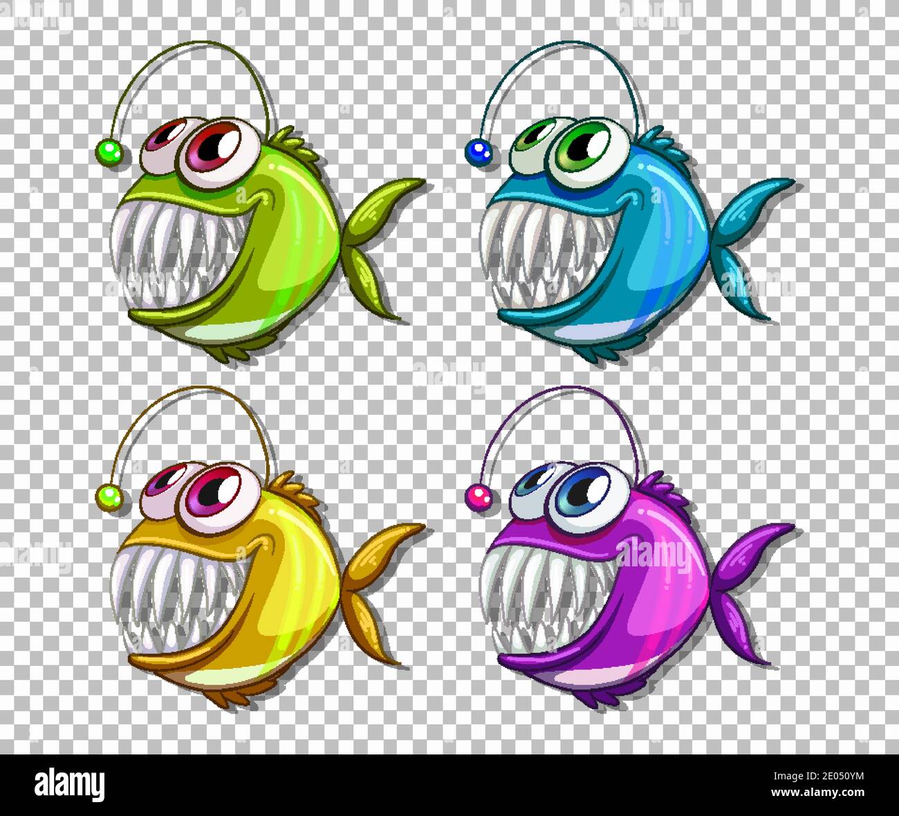 Set of different color angler fish cartoon character on transparent ...