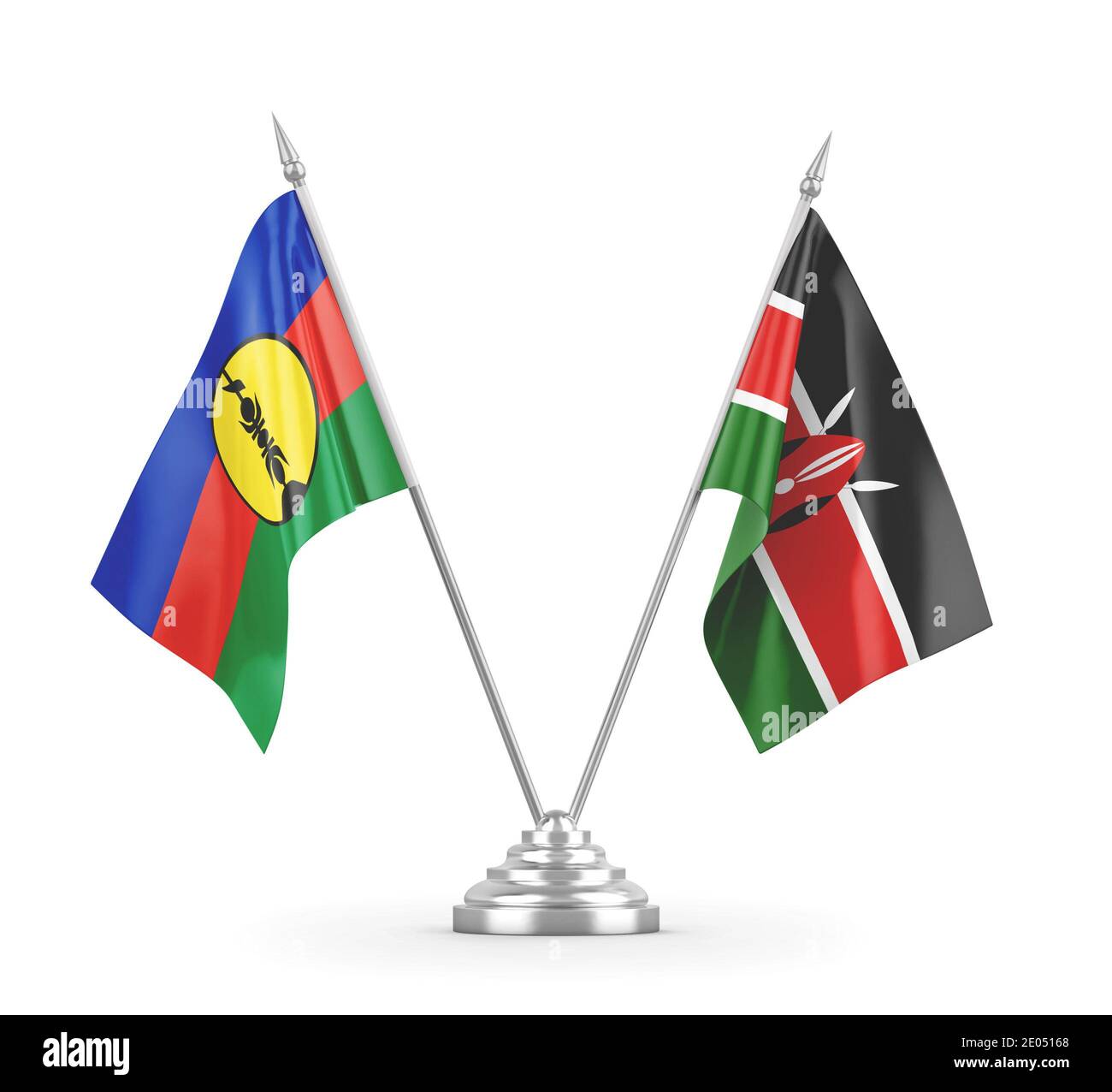 Kenya and New Caledonia table flags isolated on white 3D rendering ...