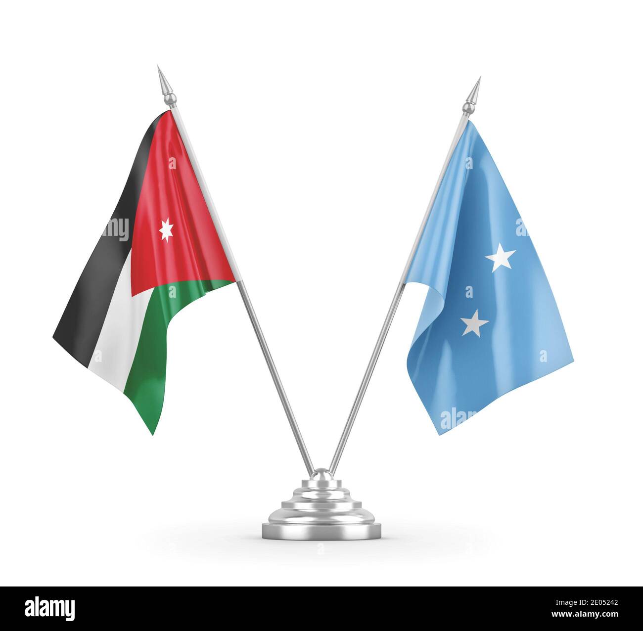 Micronesia and Jordan table flags isolated on white 3D rendering Stock ...