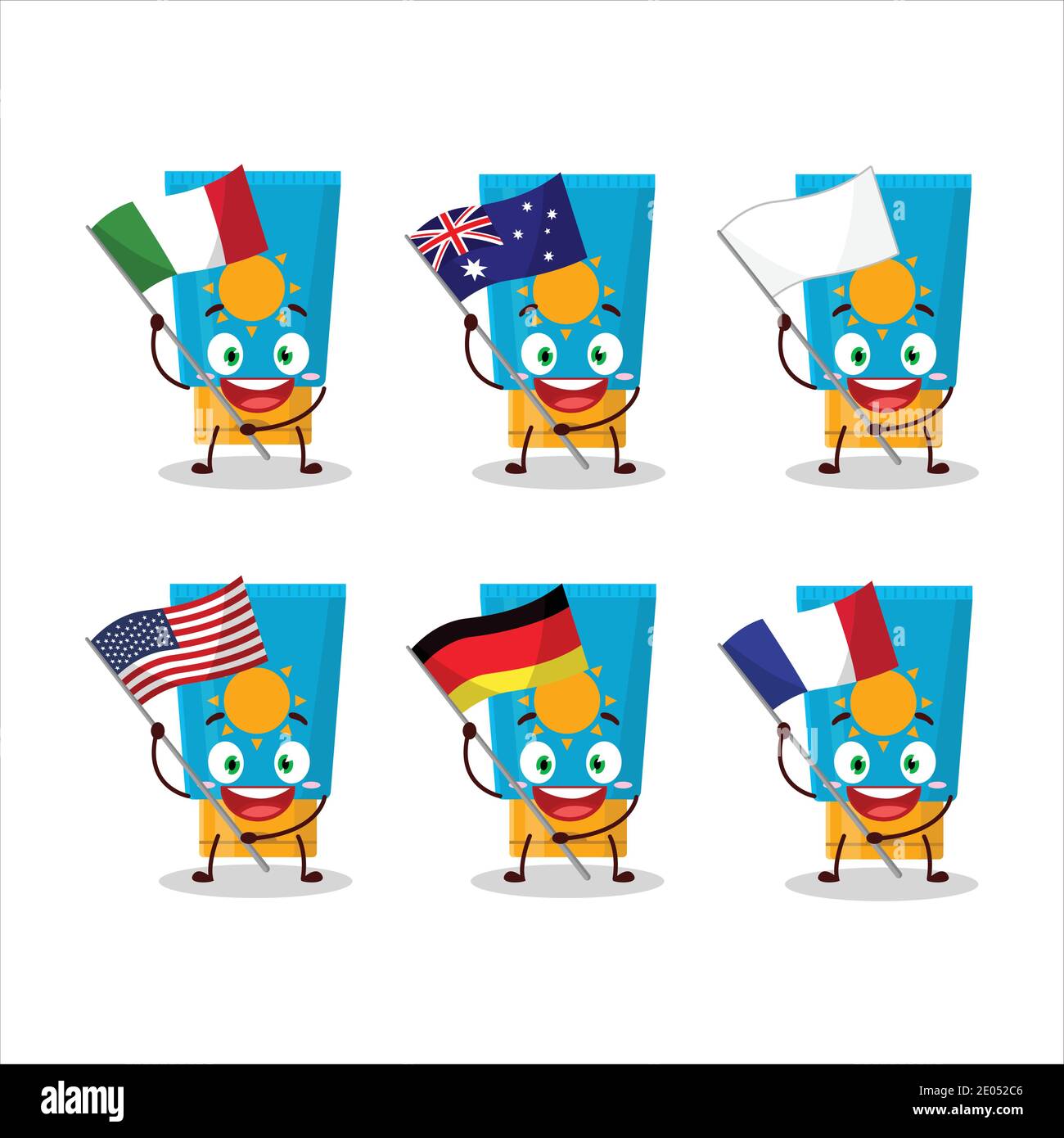 Cream Sunblock Cartoon Character Bring The Flags Of Various Countries