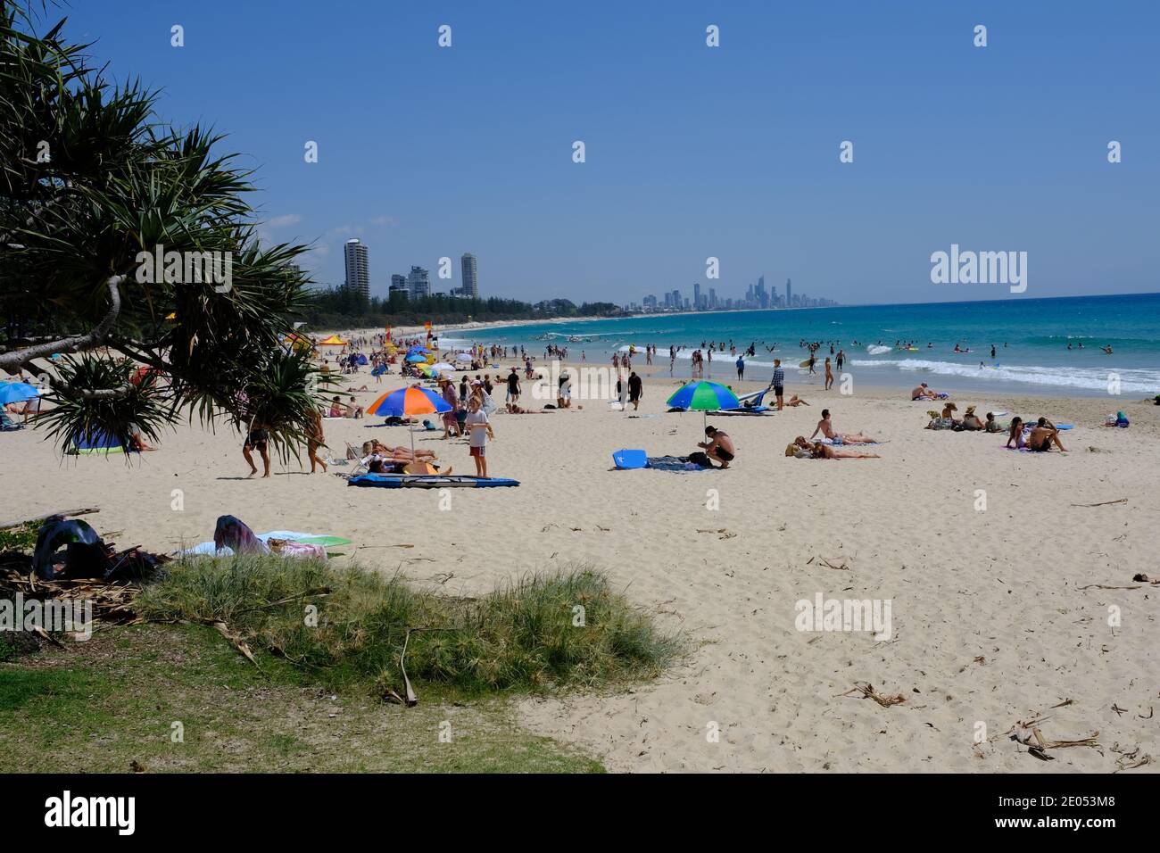 People enjoying the beach and surf at Burleigh Heads beach in Australia ...