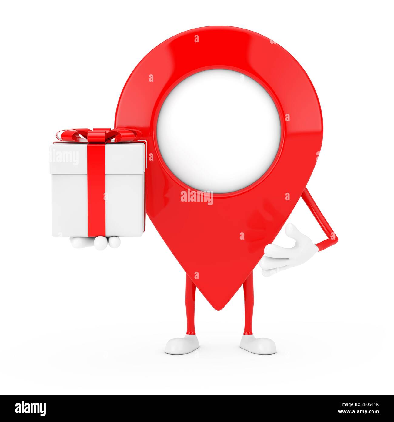 Map Pointer Pin Character Mascot with Gift Box and Red Ribbon on a ...