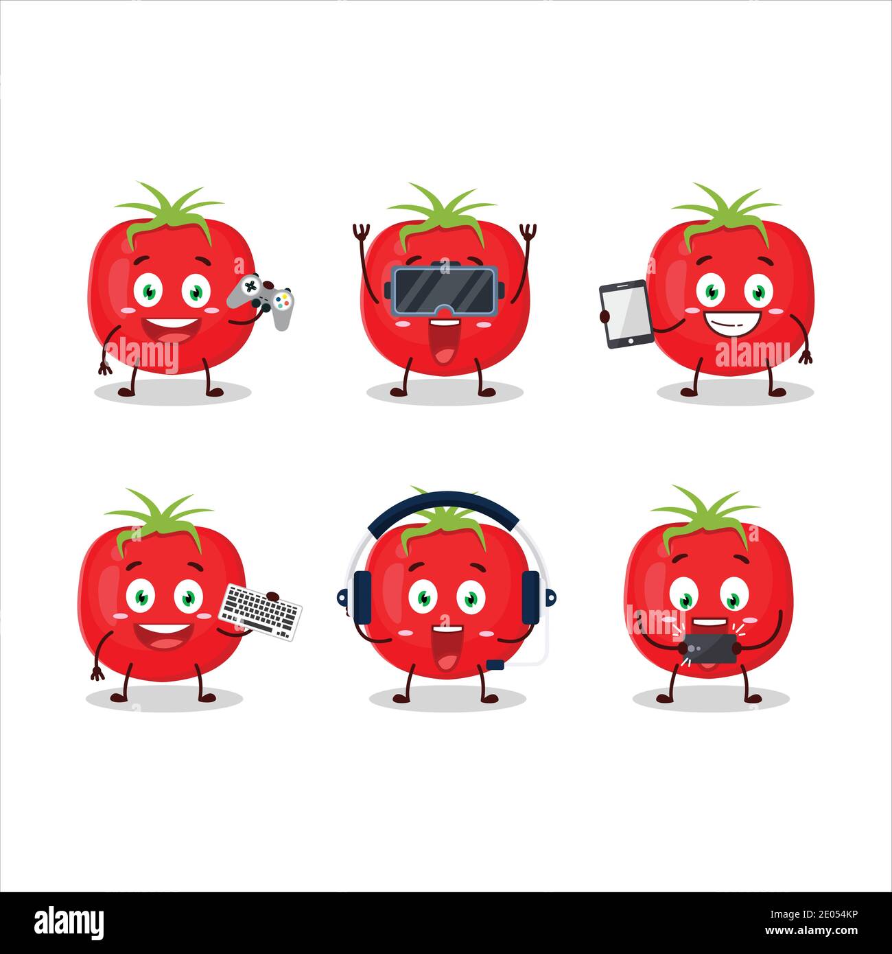 Tomato cartoon character are playing games with various cute emoticons ...