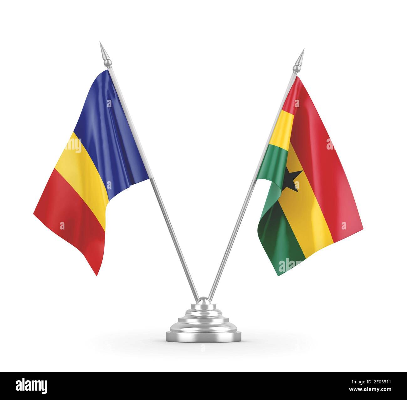 Ghana and Romania table flags isolated on white 3D rendering Stock ...