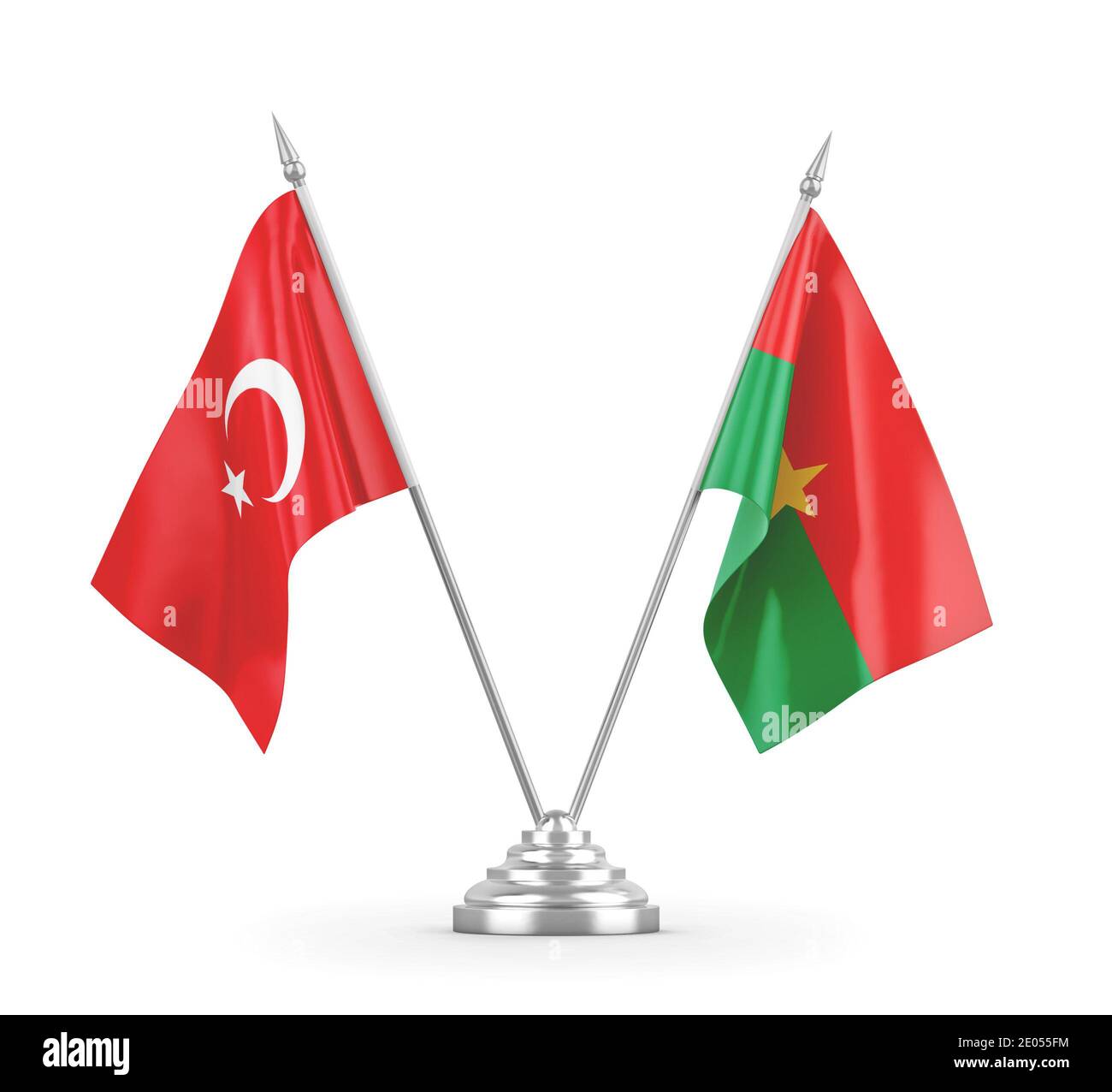 Burkina Faso and Turkey table flags isolated on white 3D rendering ...