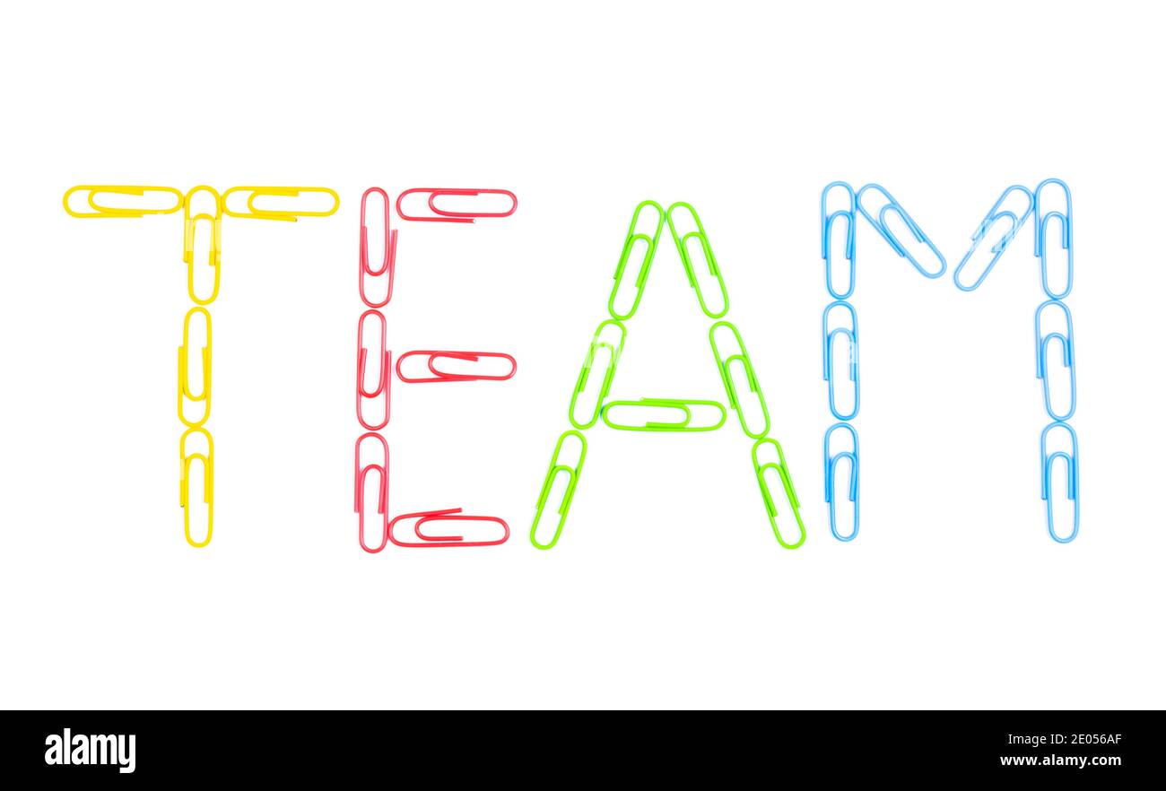 Team title.team work concept.Made of colored bright paper clips on ...
