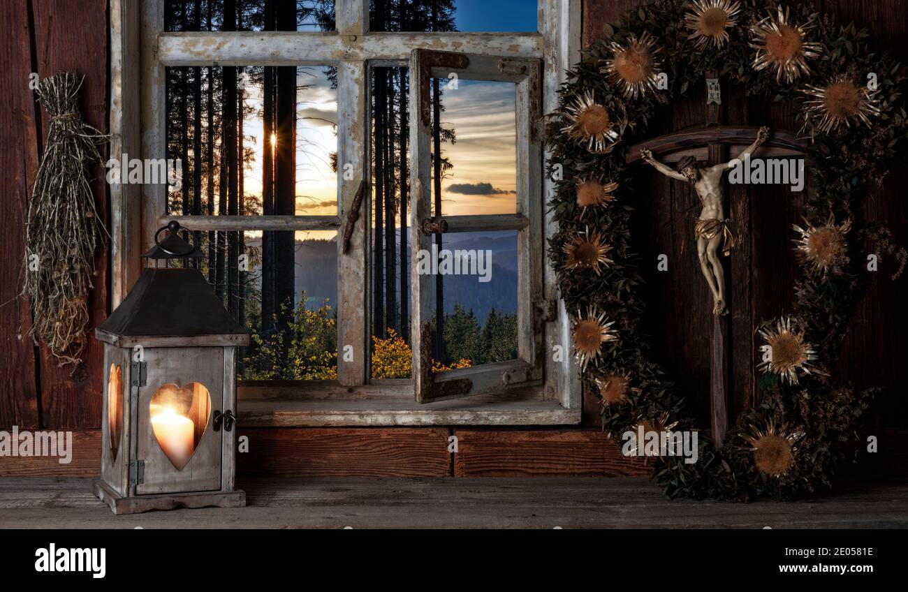 rustic farmhouse parlor with a view from the window Stock Photo - Alamy