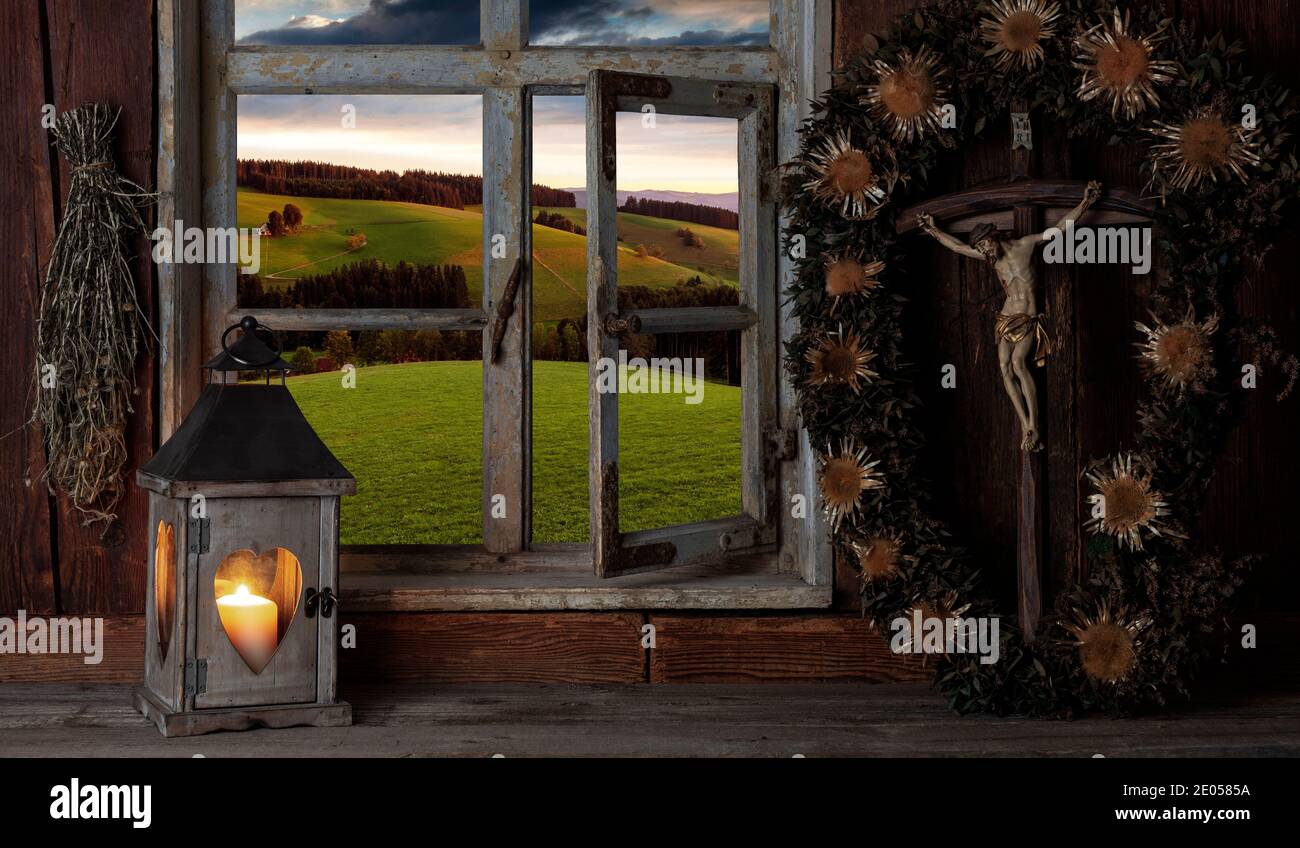 rustic farmhouse parlor with a view from the window Stock Photo - Alamy