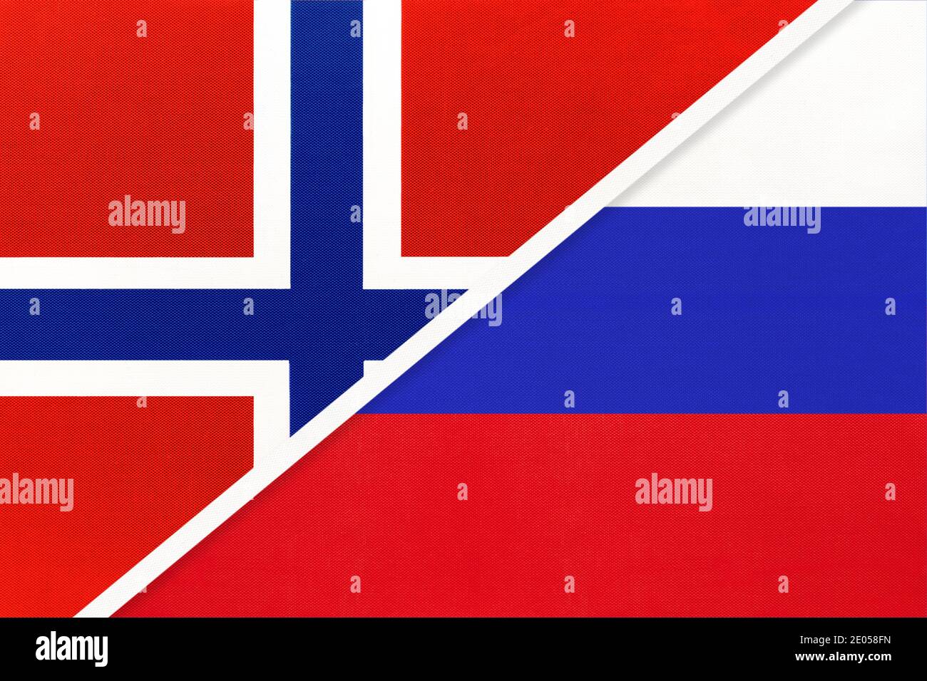 Norway and Russia or Russian Federation, national flags from textile ...