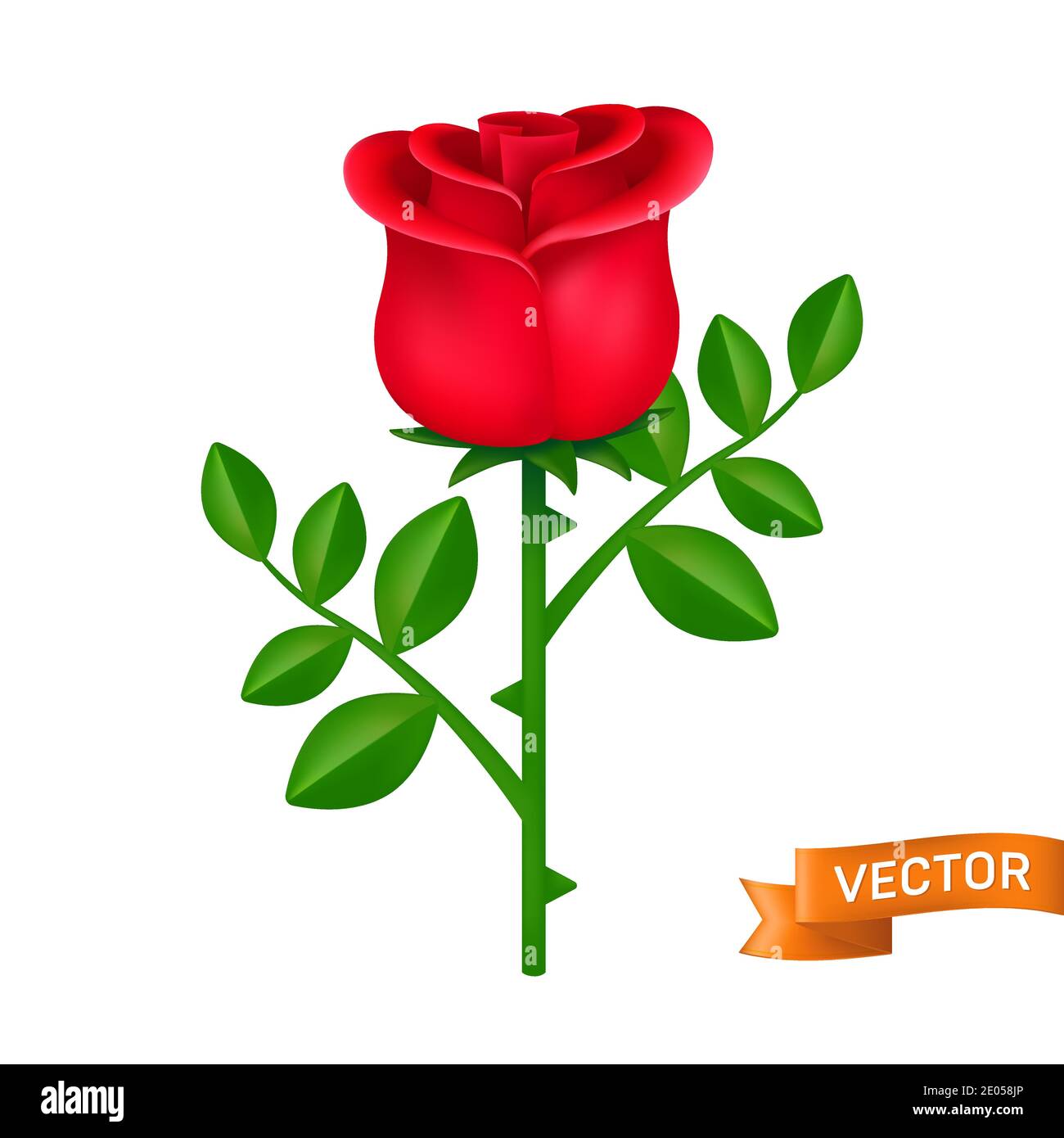 Red rose with green leaves vector icon. Blooming flower close-up ...