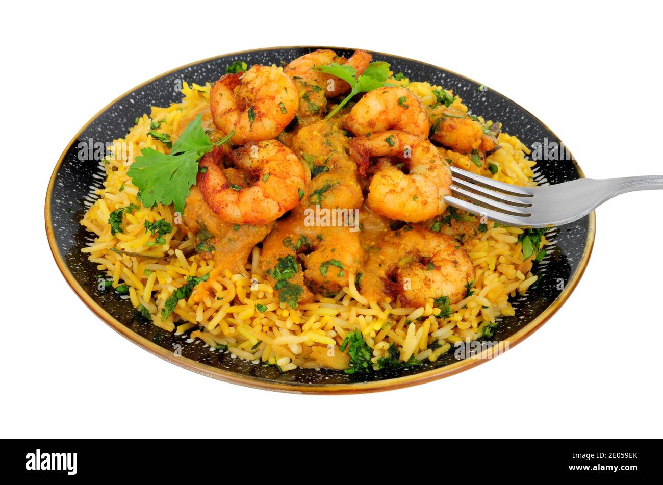 King prawn curry and rice meal isolated on a white background Stock ...