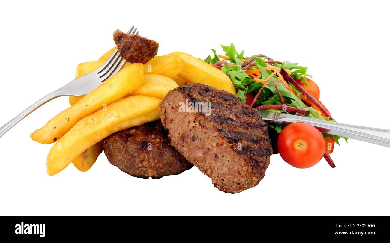 Beef burger and chunky chips meal with fresh salad isolated on a white ...
