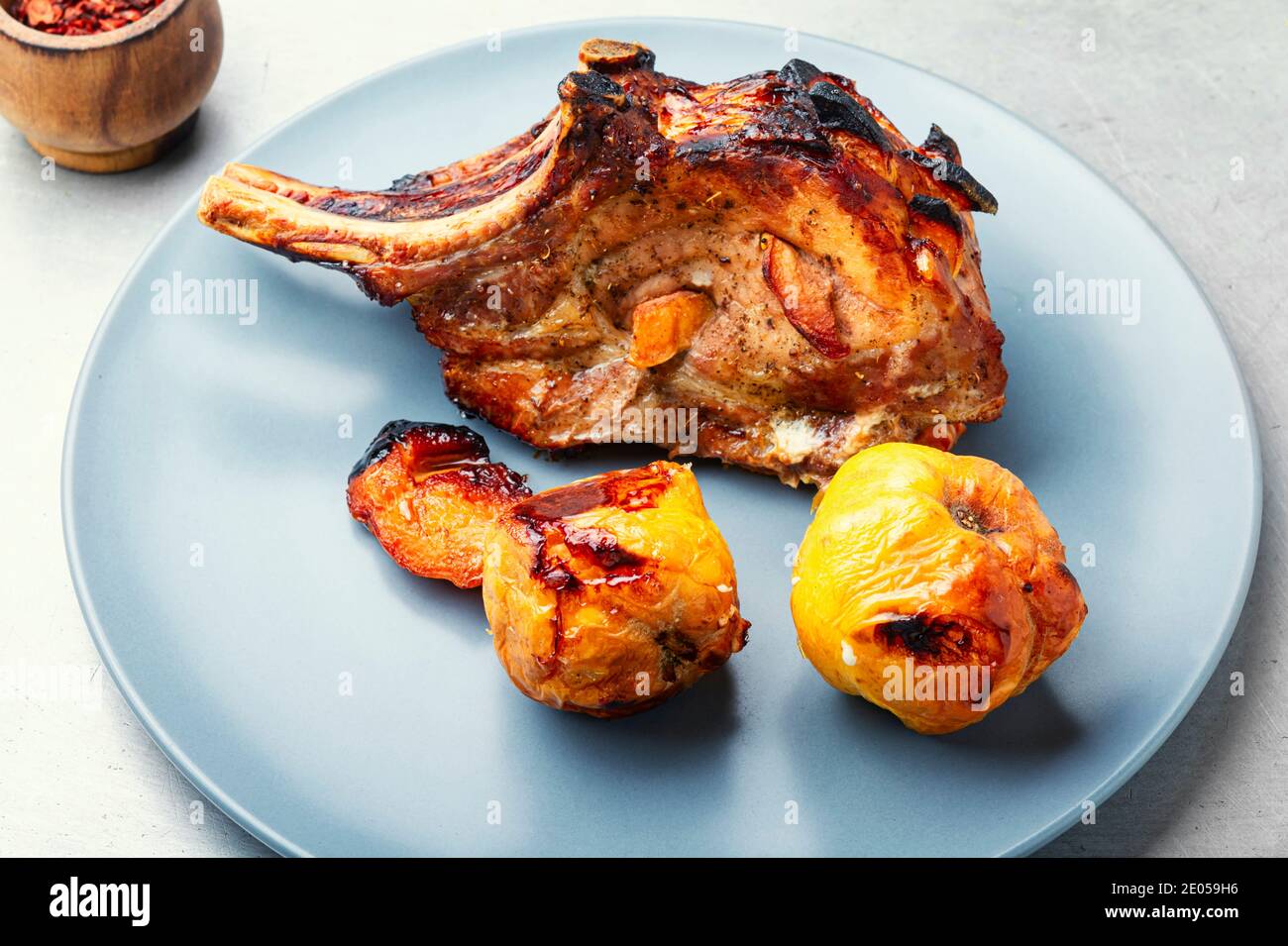 Roasted pork meat steak with quince.Delicious fried meat Stock Photo ...