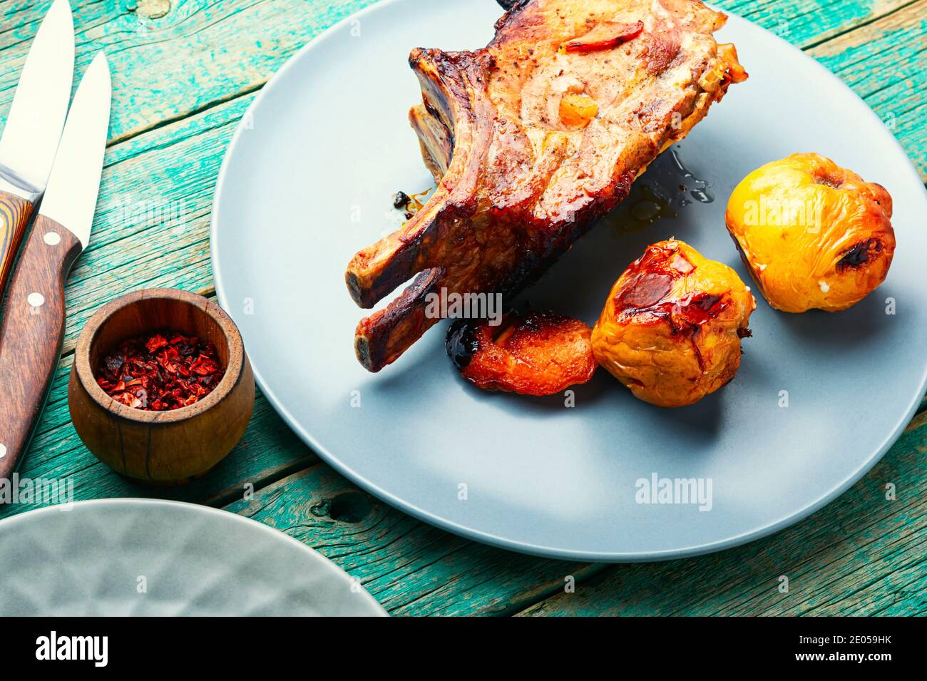 Roasted pork meat steak with quince.Delicious fried meat Stock Photo ...