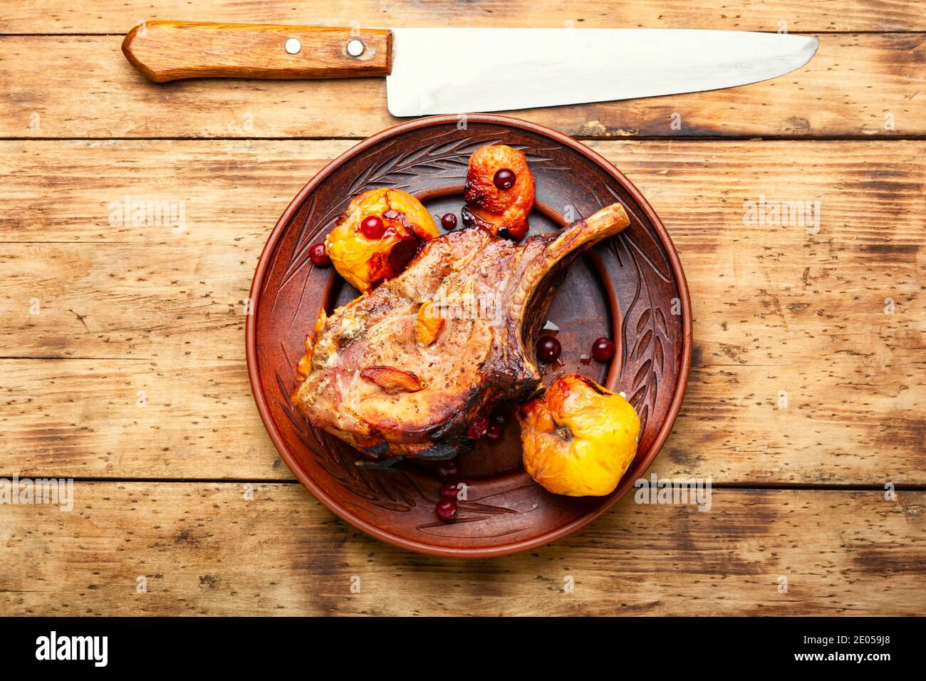 Roasted pork meat steak with quince.Delicious fried meat Stock Photo ...