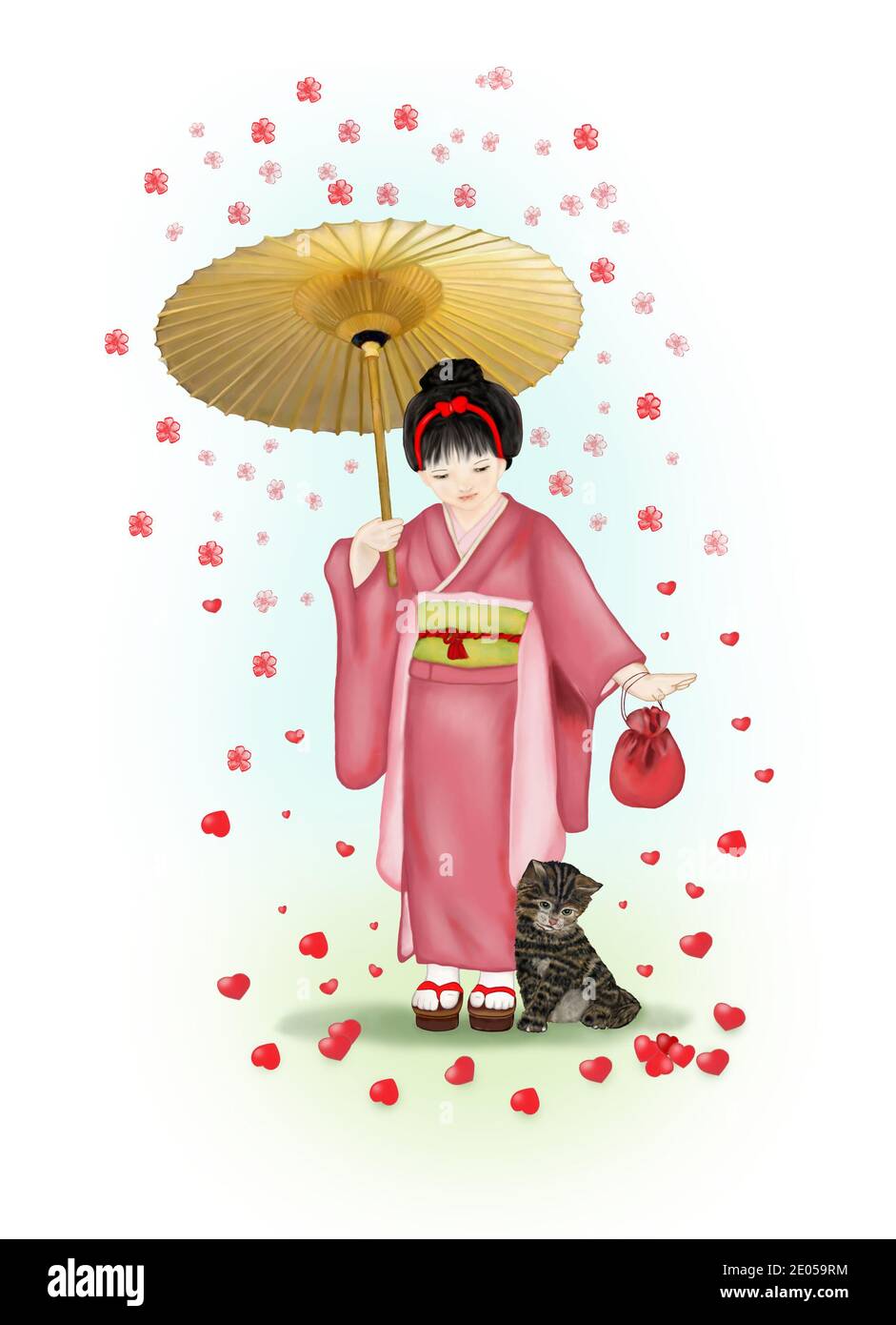 Hanami Festival. Little japanese girl and kitten under a rain of ...