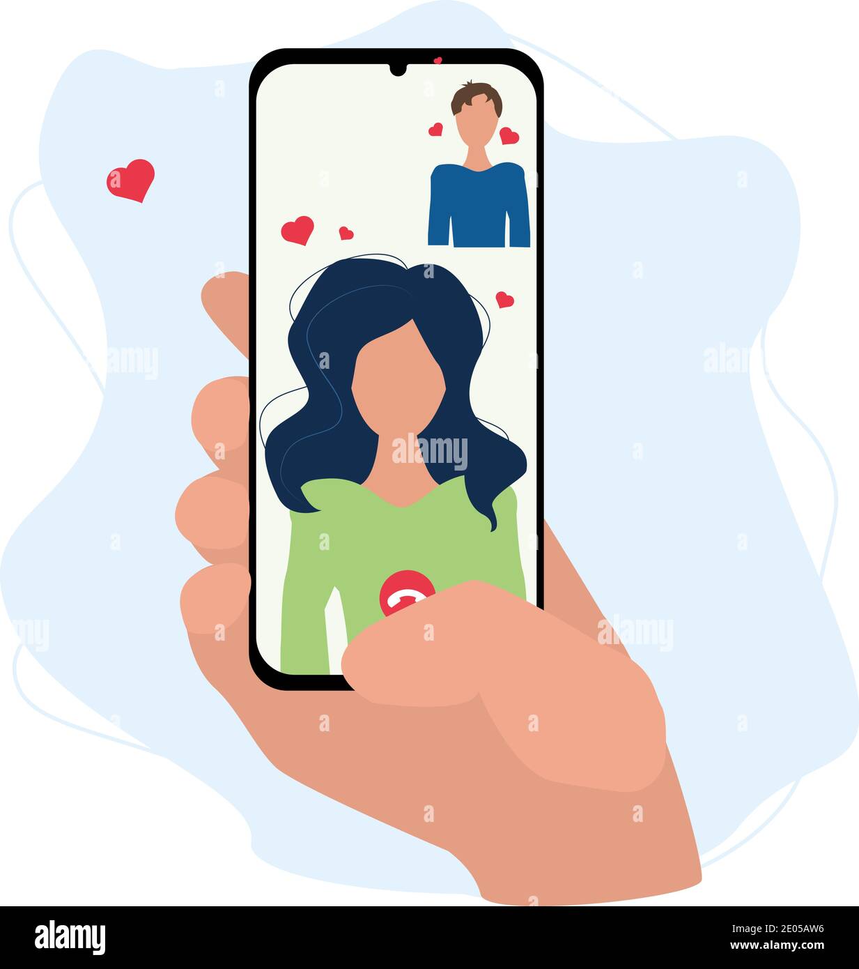 online date. hand holds a phone with a video call of a couple in love ...
