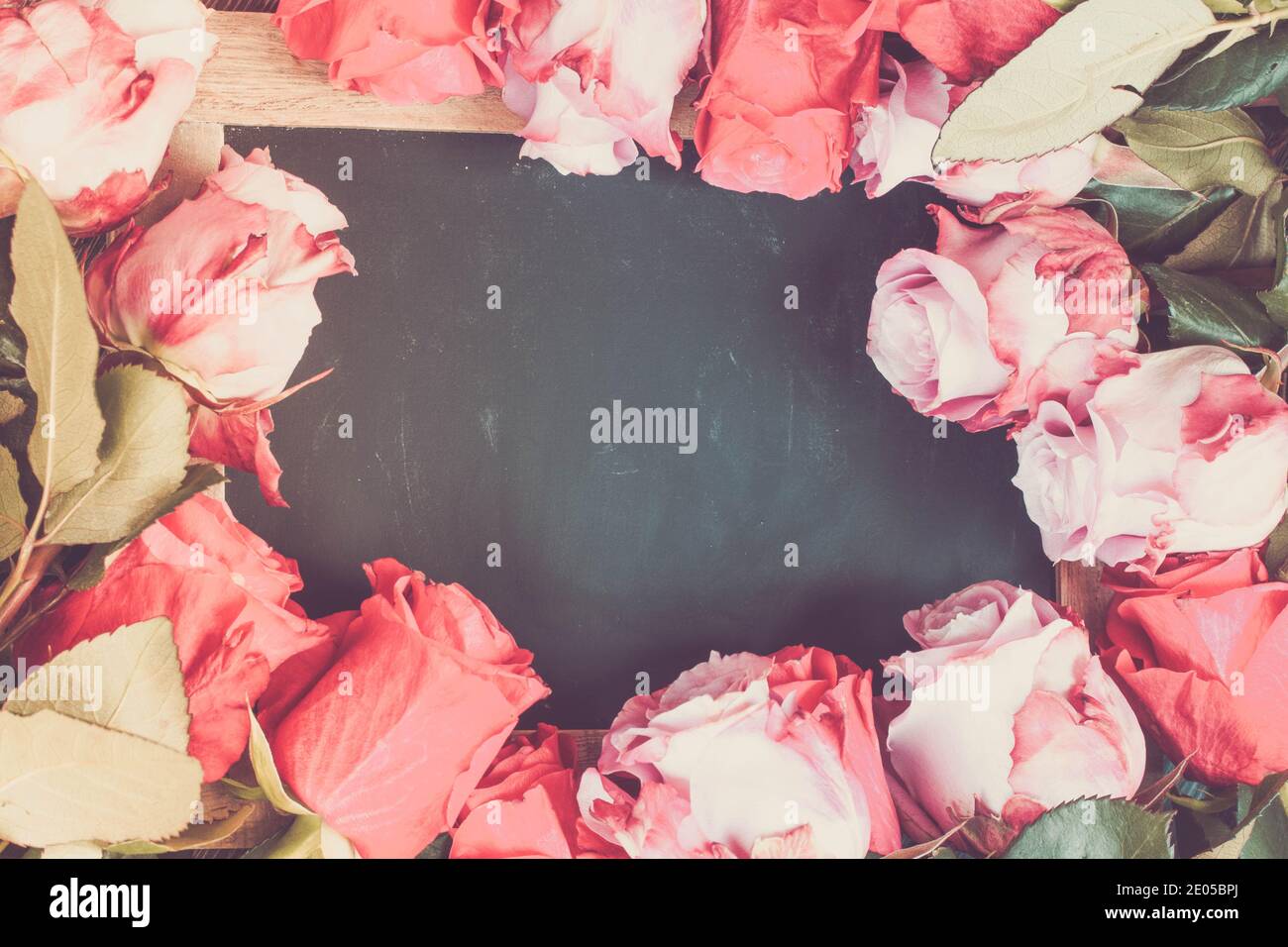 red and pink roses frame on table Stock Photo - Alamy