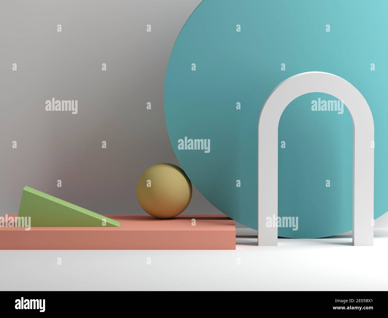 Abstract geometric still life installation with white arch and colorful ...