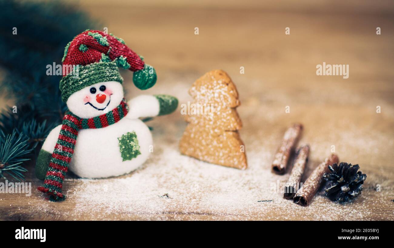 Christmas background with Christmas tree and snowman Stock Photo - Alamy