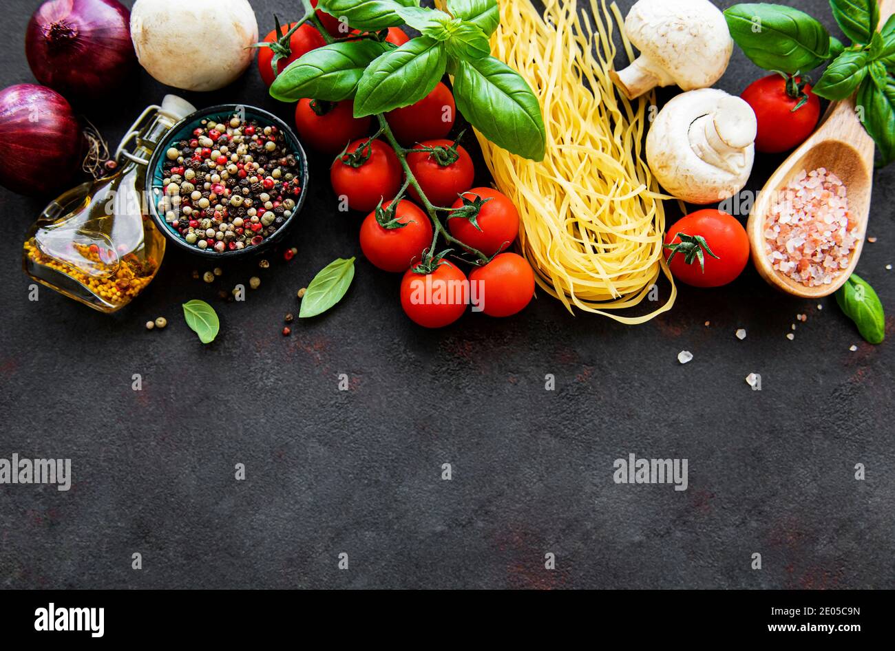 Healthy mediterranean diet, ingredients for Italian meal, spaghetti ...