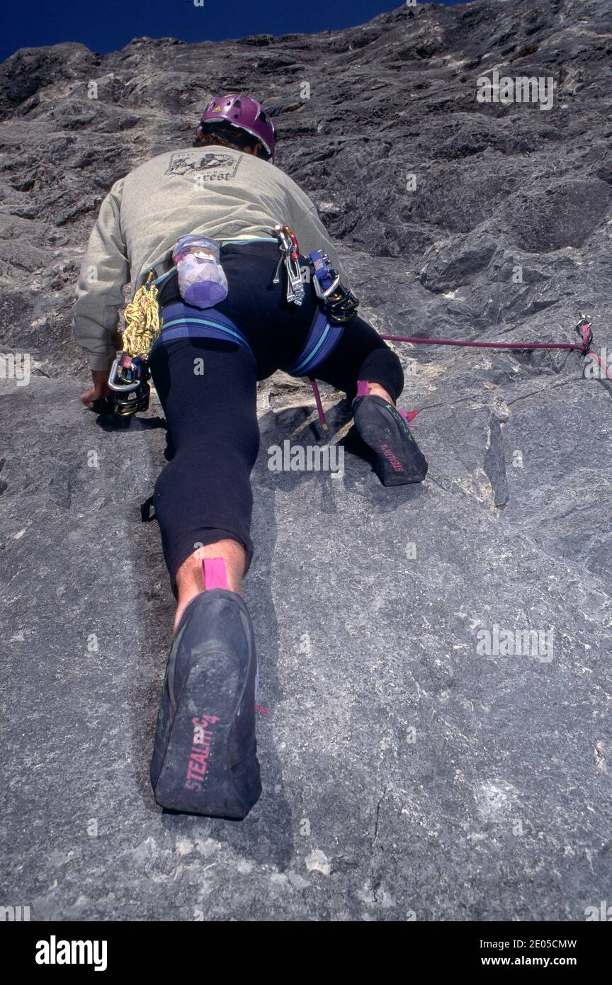 Caucasian male climber climbing a steep wall. In background a summer ...
