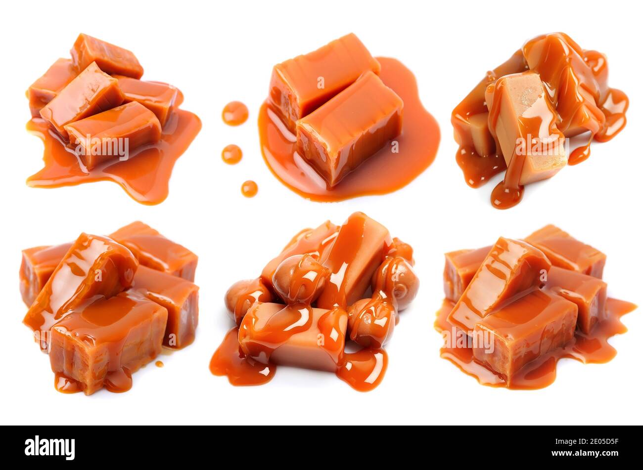 Set candies and caramel topping isolated on a white background.Collage ...
