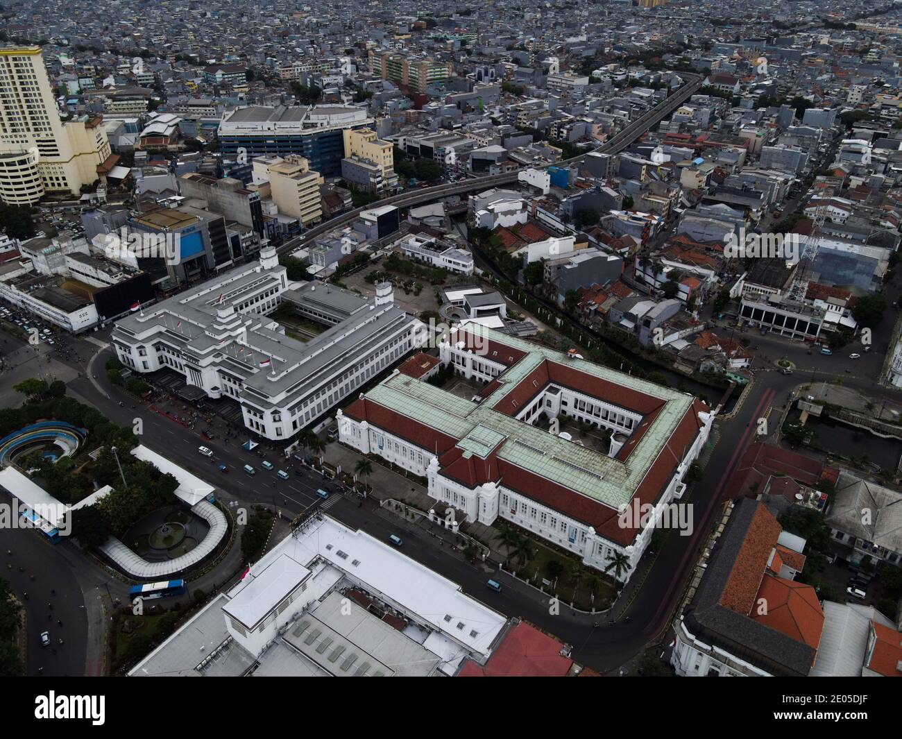 Aerial view of the Mandiri Museum with Jakarta cityscape background ...