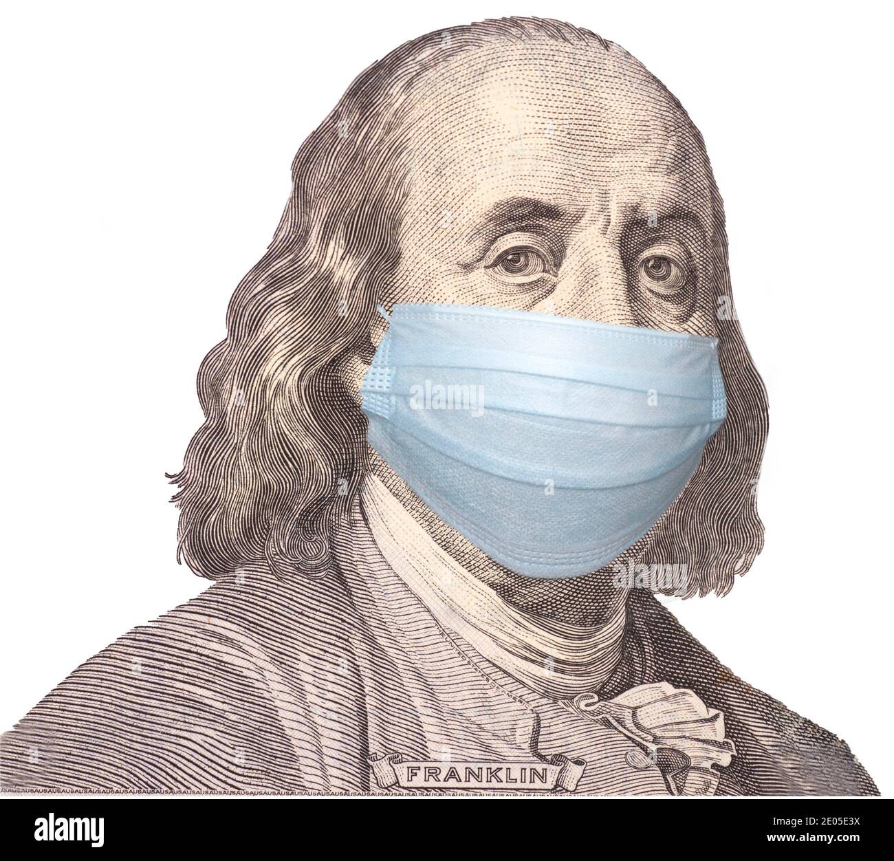 Portrait of Benjamin Franklin wearing medical protective mask for virus ...