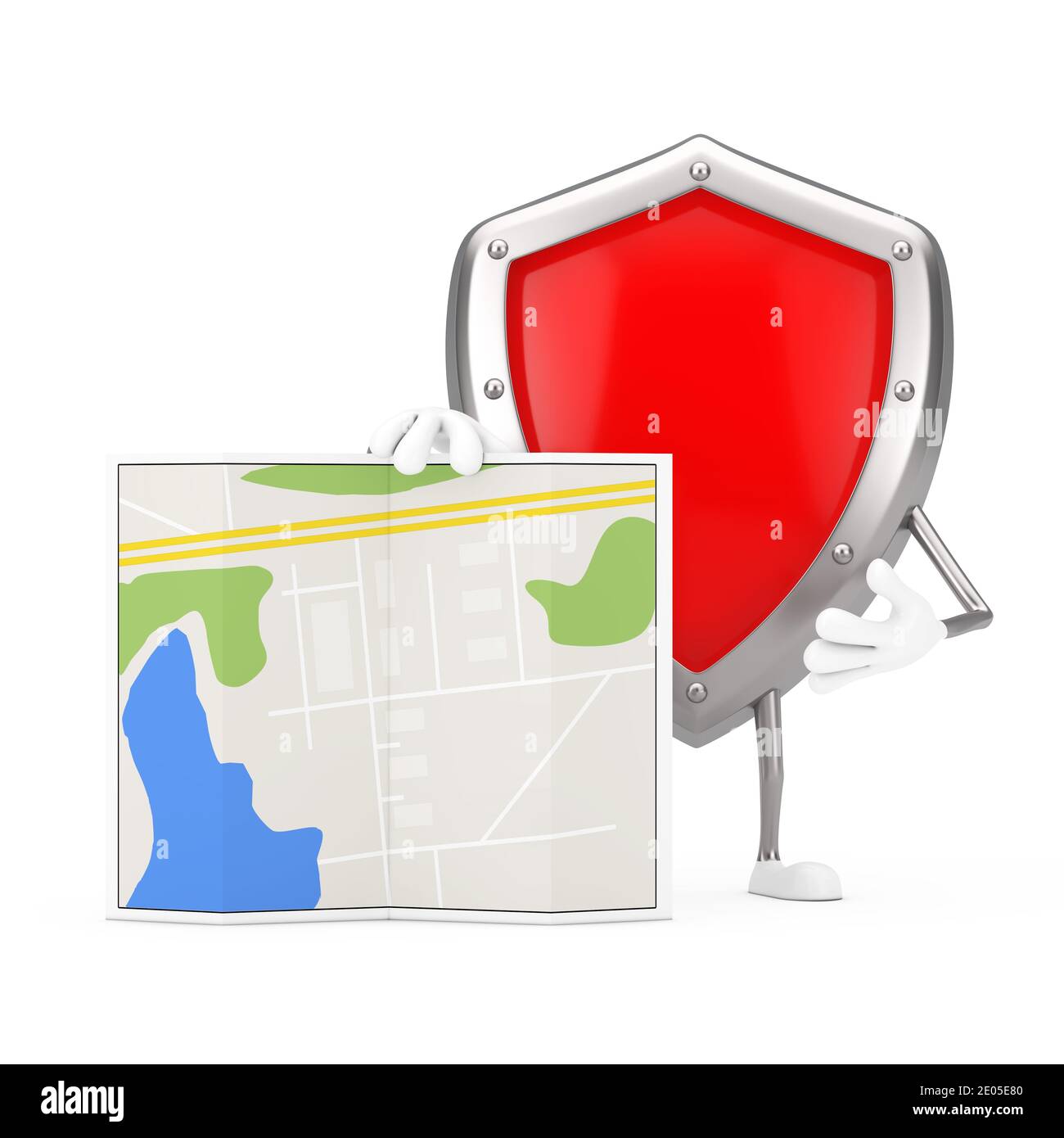 Red Metal Protection Shield Character Mascot with Abstract City Plan ...