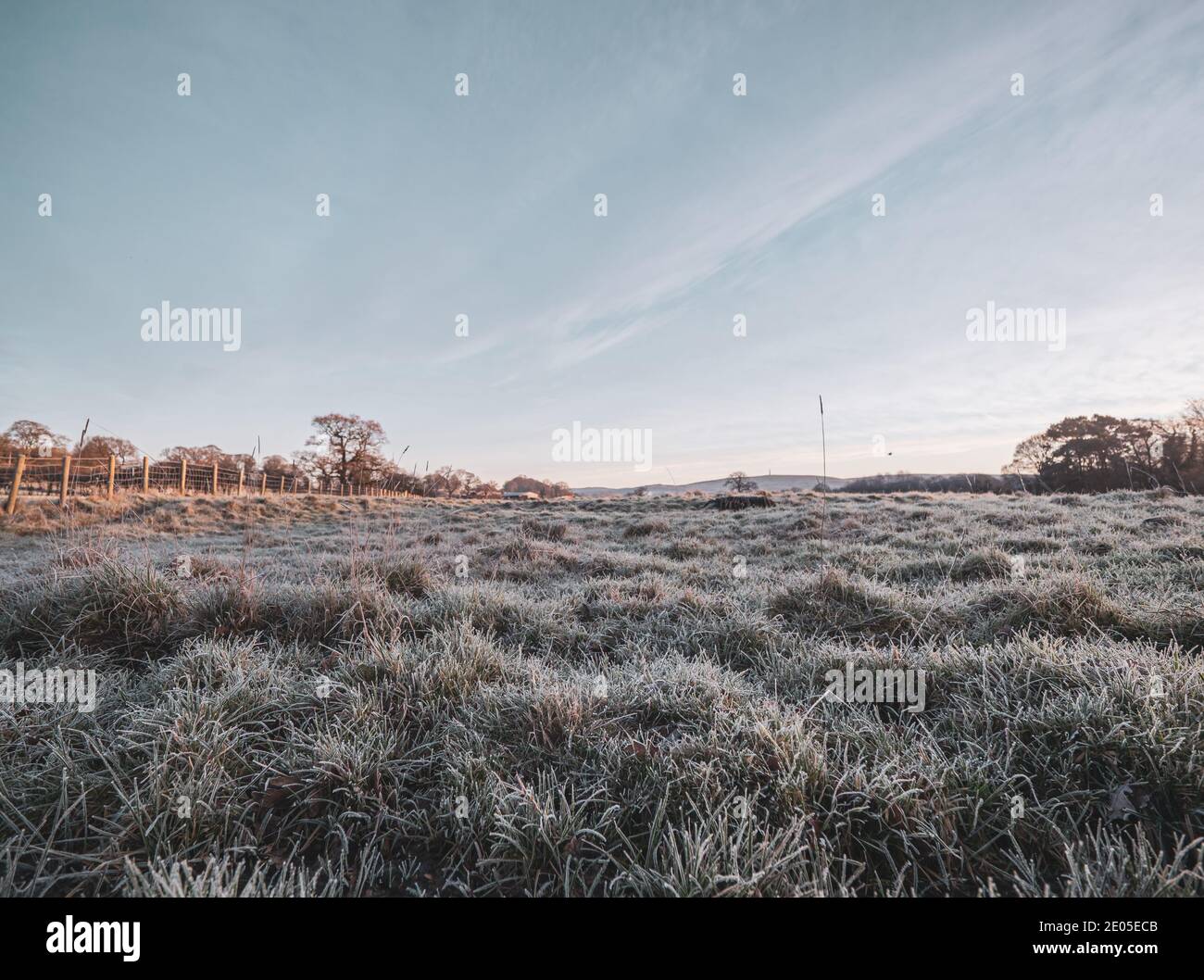 A frozen misty field at sunrise. The layers mist settle over the lower ...
