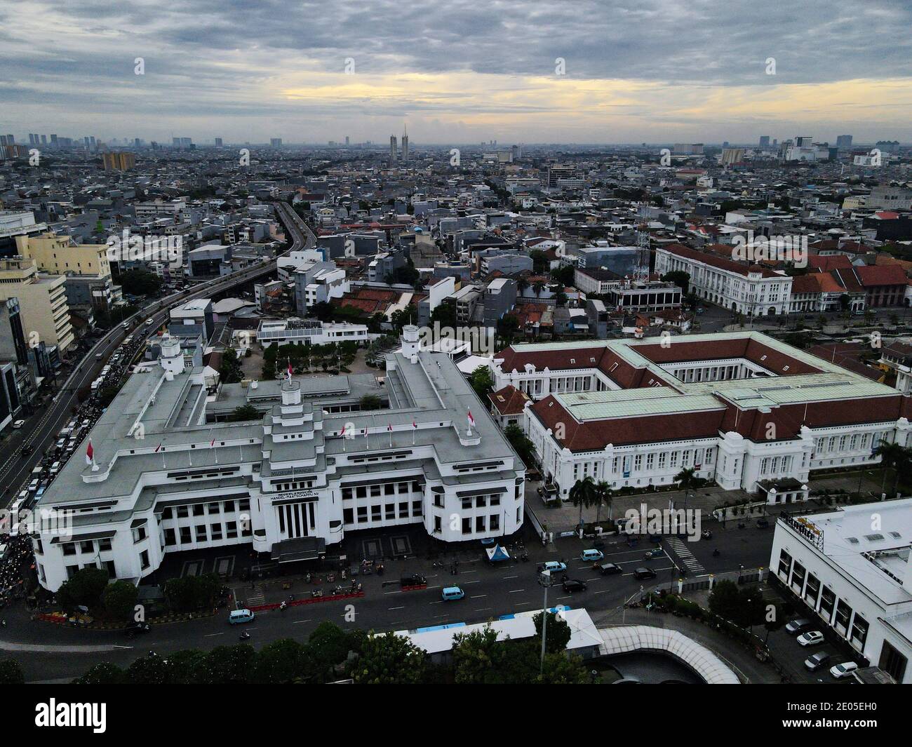 Aerial view of the Mandiri Museum with Jakarta cityscape background ...
