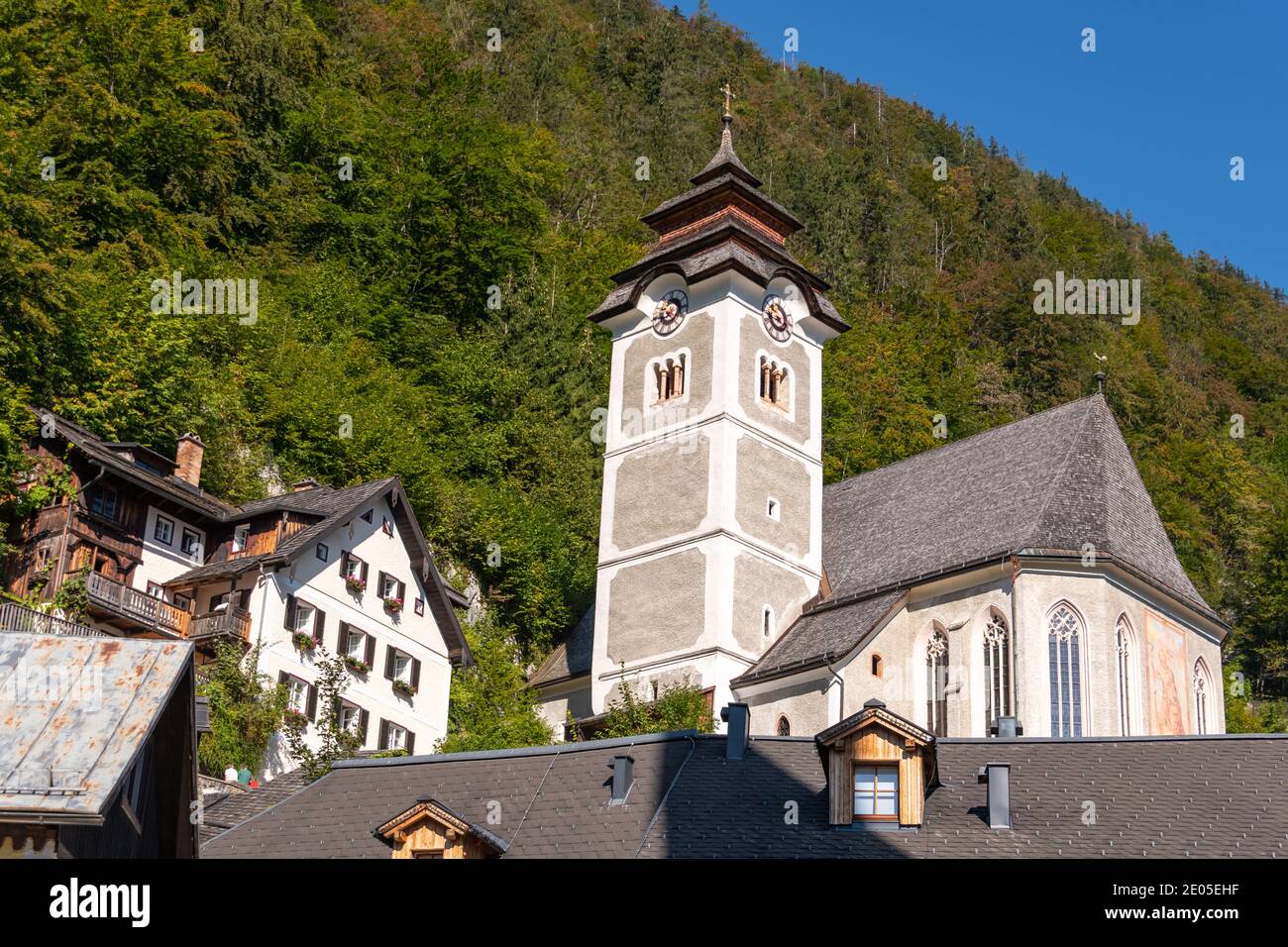 Catholic church in Hallstatt on a sunny summer morning Stock Photo - Alamy