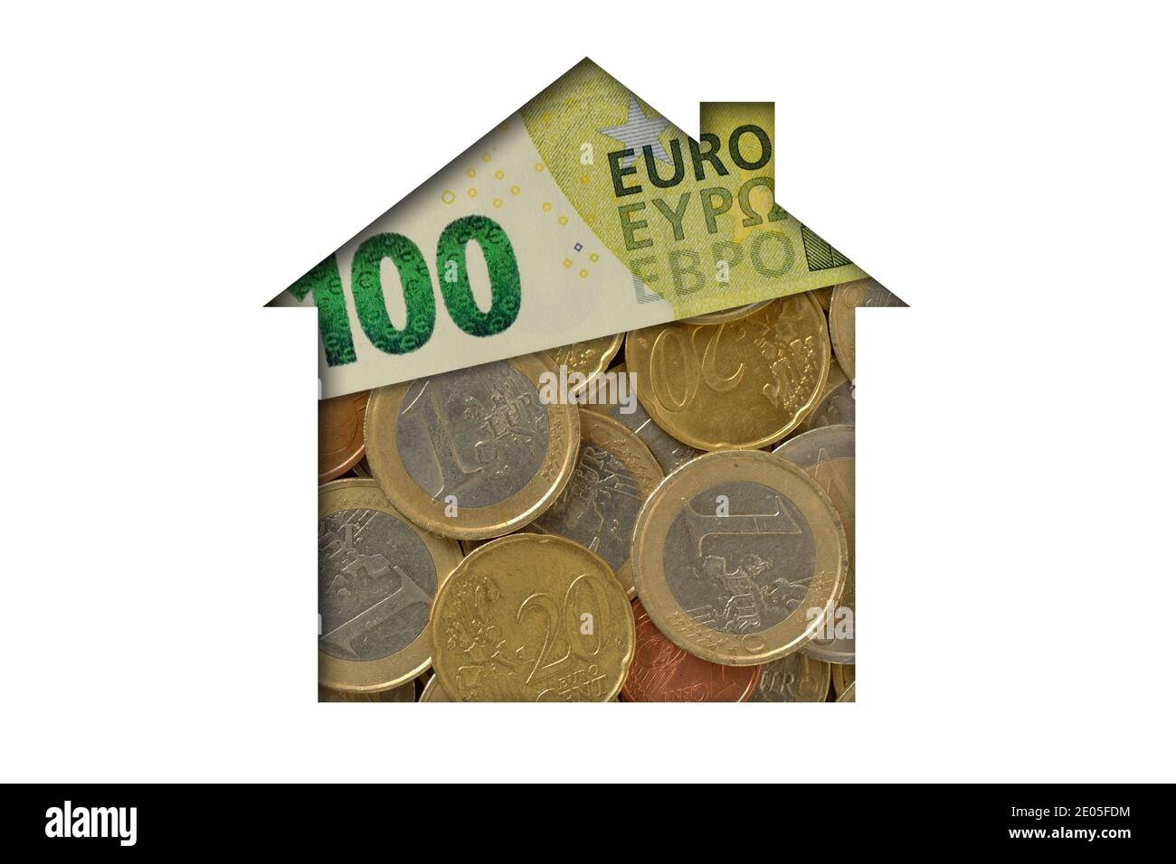 House made of euro coins and banknotes on white background - Concept of ...