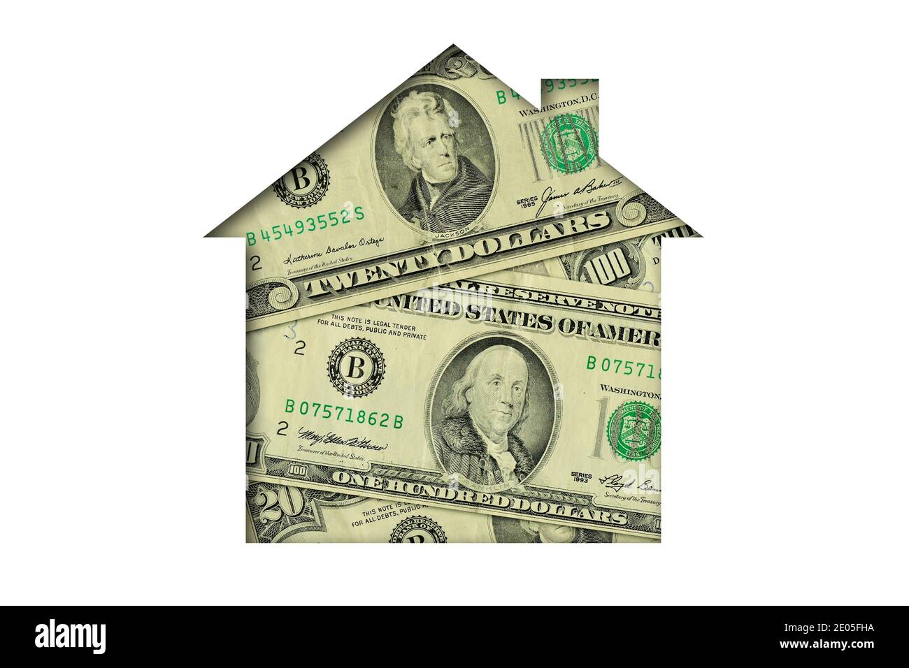 House made of dollar coins and banknotes on white background - Concept ...