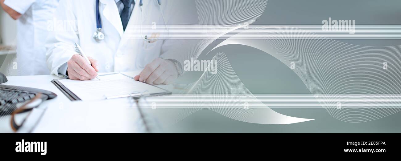 Doctor signing a medical report in his office; panoramic banner Stock ...