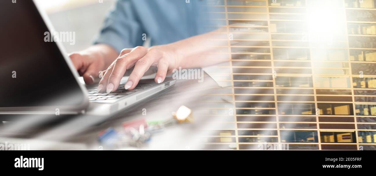 Female hands typing on laptop; multiple exposure Stock Photo - Alamy